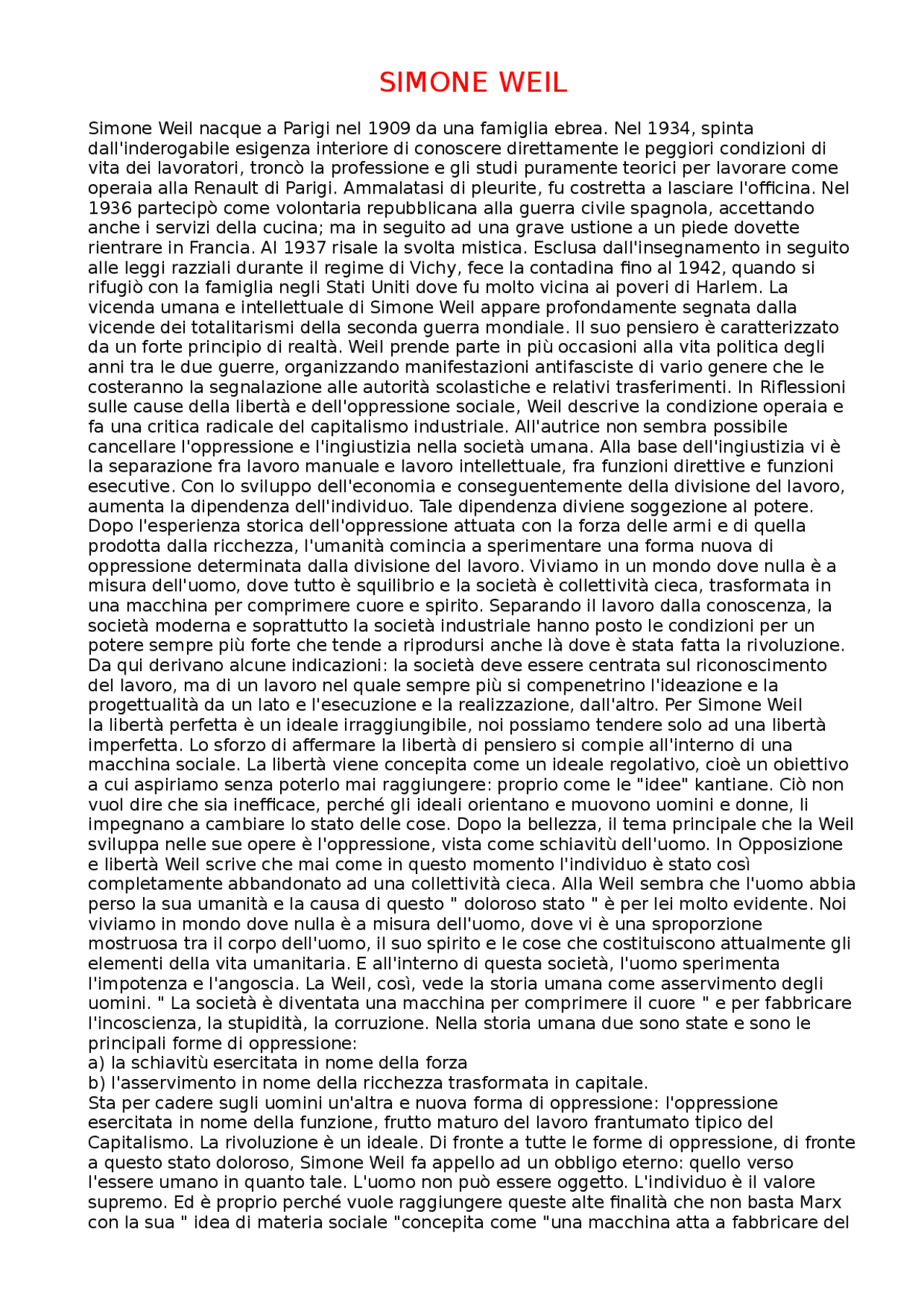 Riassunti Simone Weil Filosofia Docsity