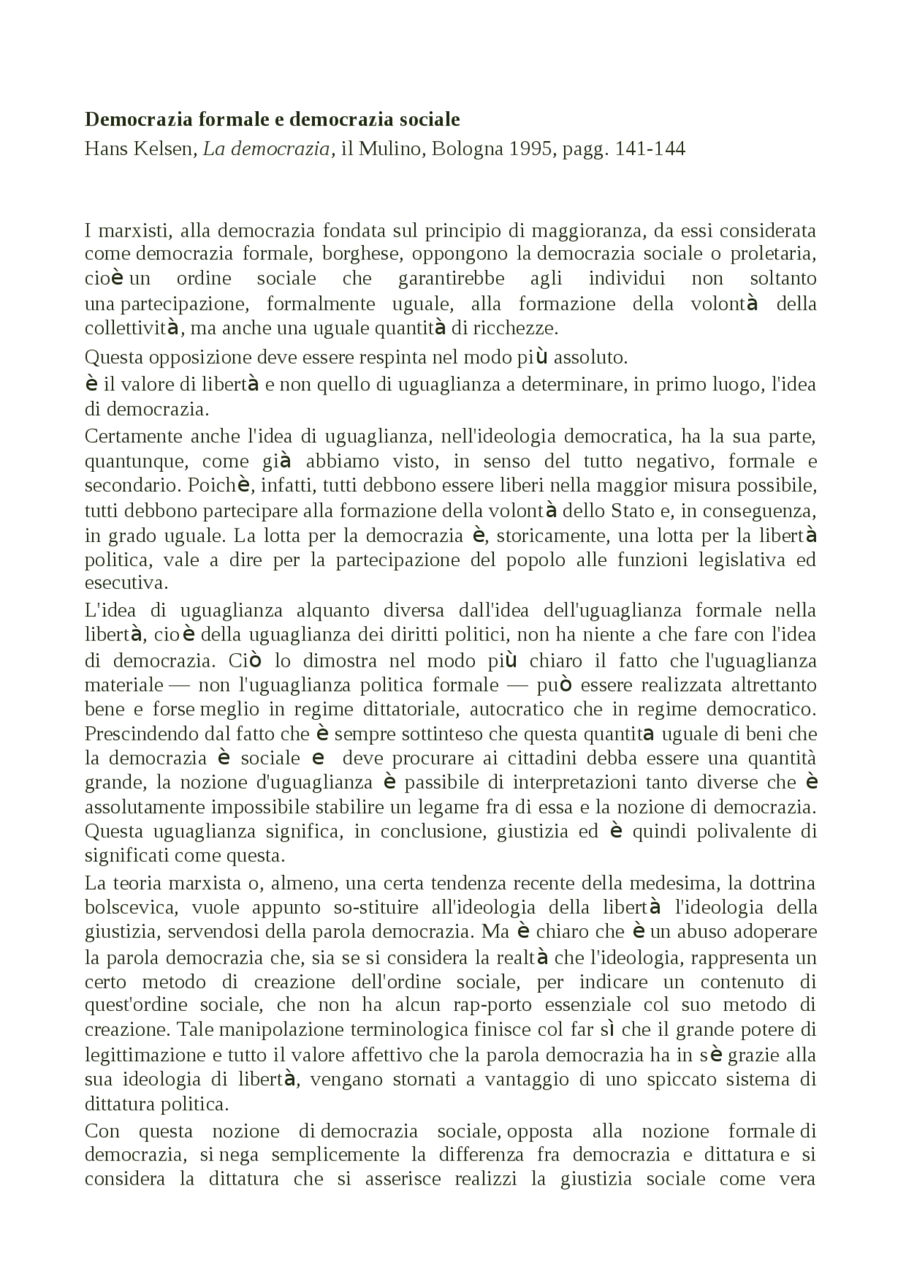 Democrazia Formale E Democrazia Sociale In Kelsen Docsity