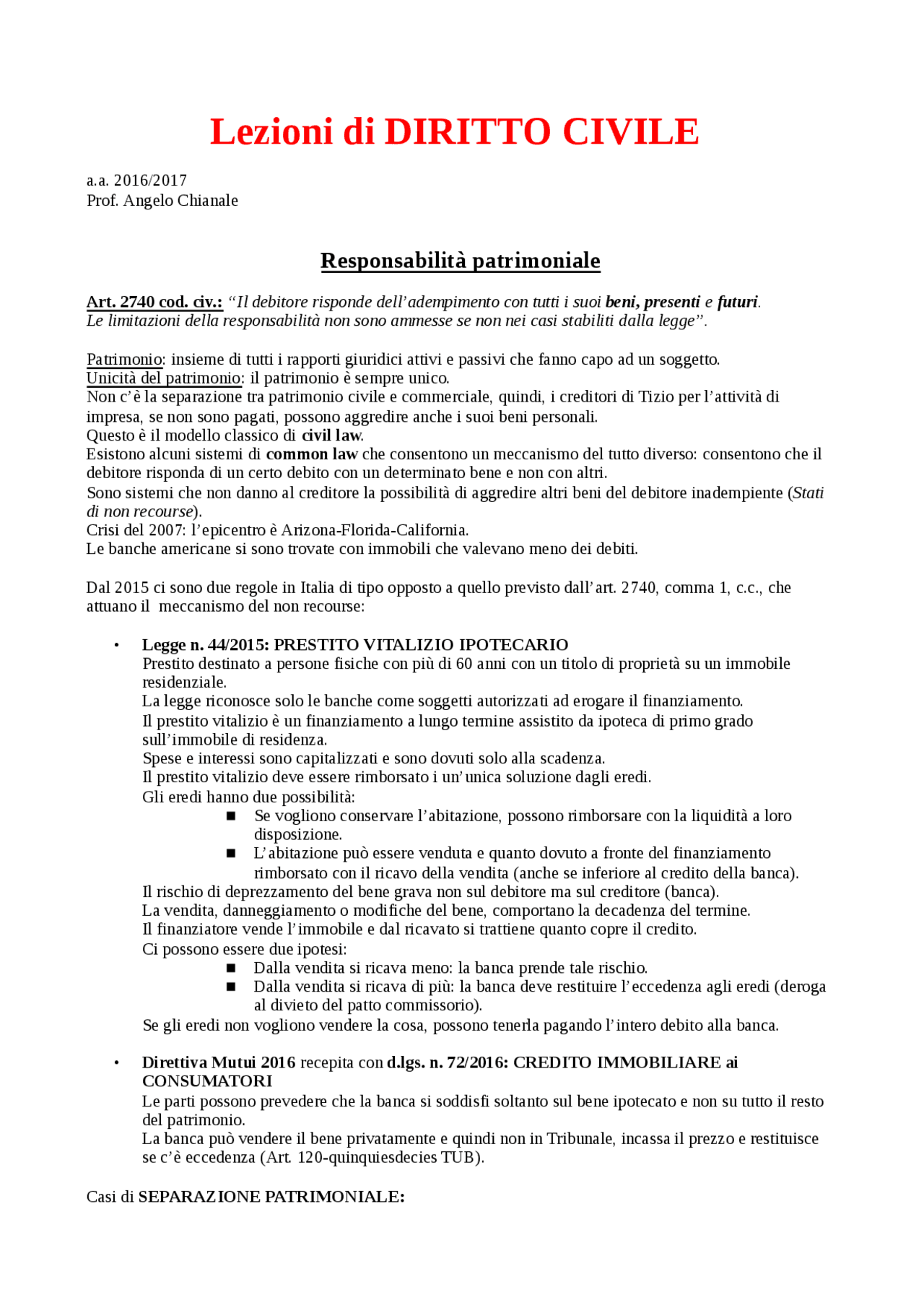 Lezioni Di Diritto Civile 20162017 Prof Angelo Chianale Docsity