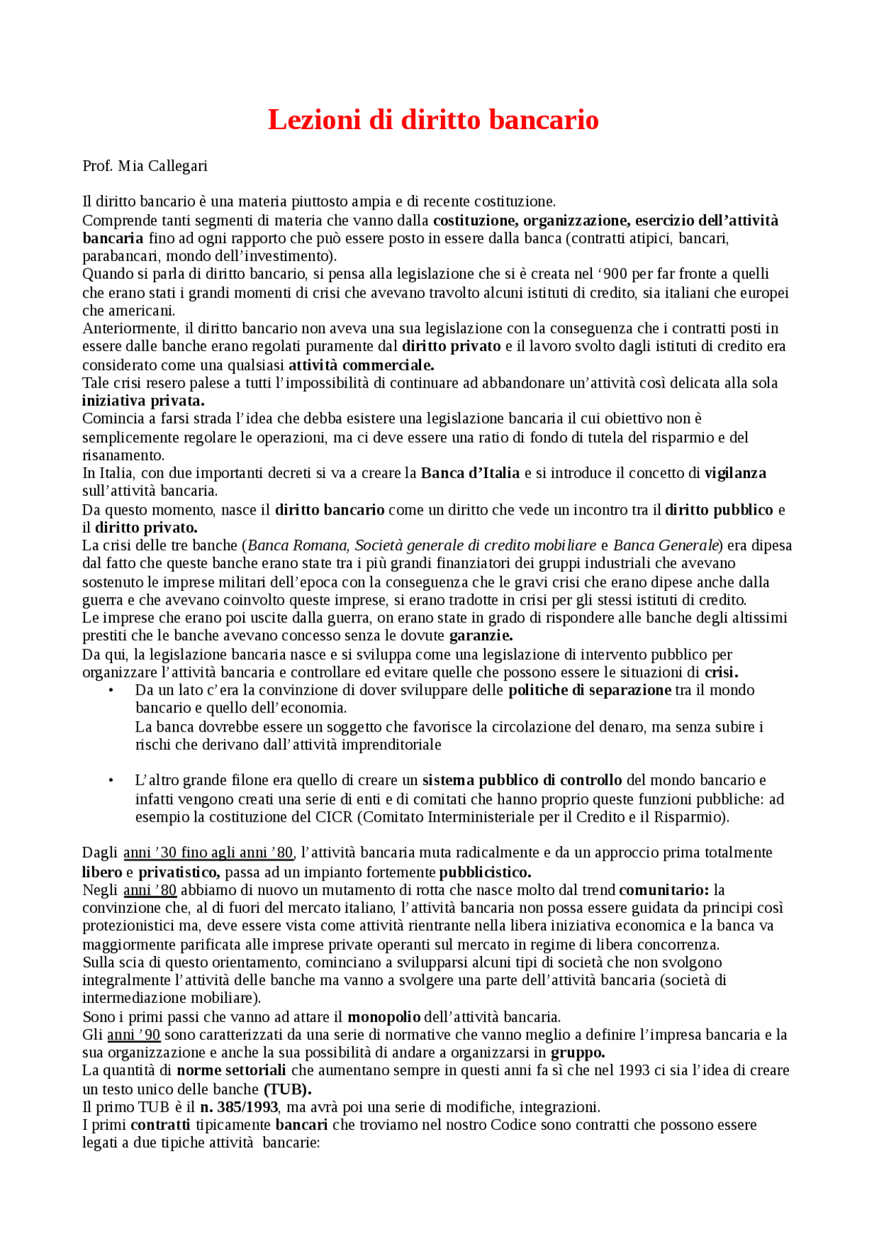 Lezioni Di Diritto Bancario Prof Mia Callegari Docsity