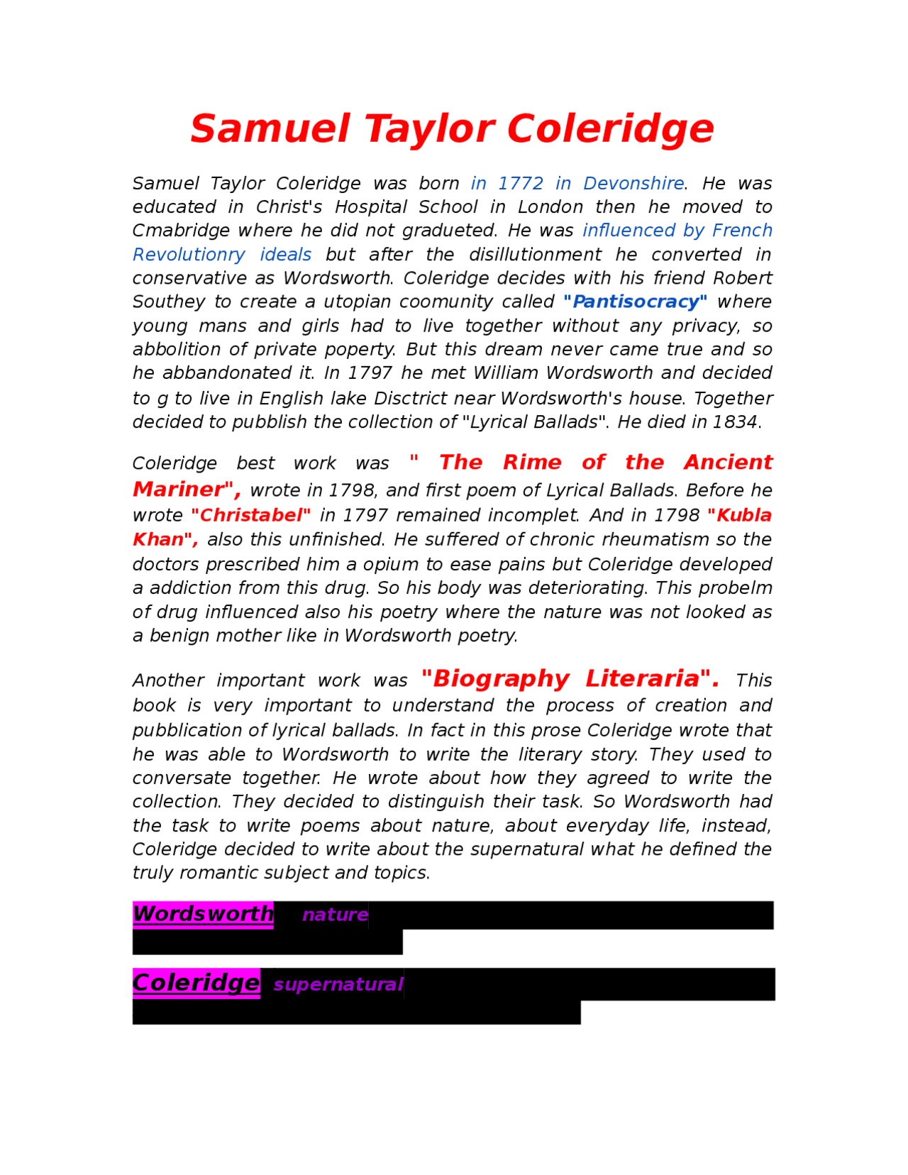 Samuel Taylor Coleridge | Study notes English | Docsity