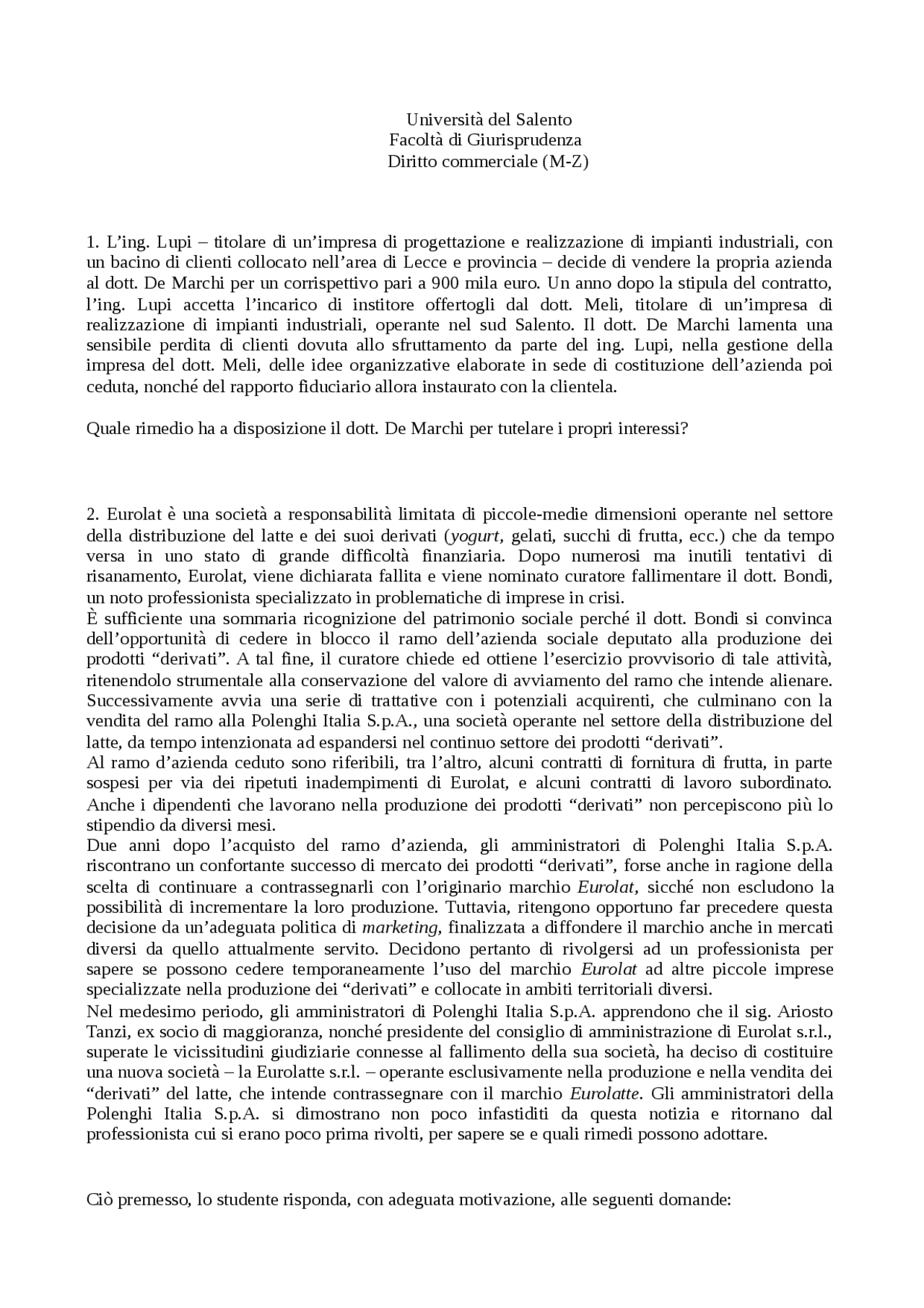 Esercitazione Diritto Commerciale 3 Docsity