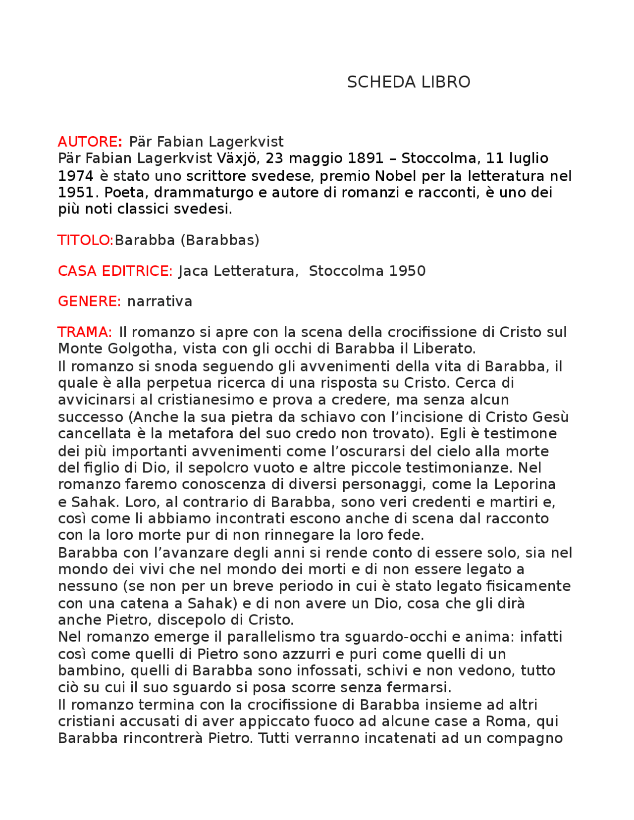 Scheda Libro Barabba Docsity