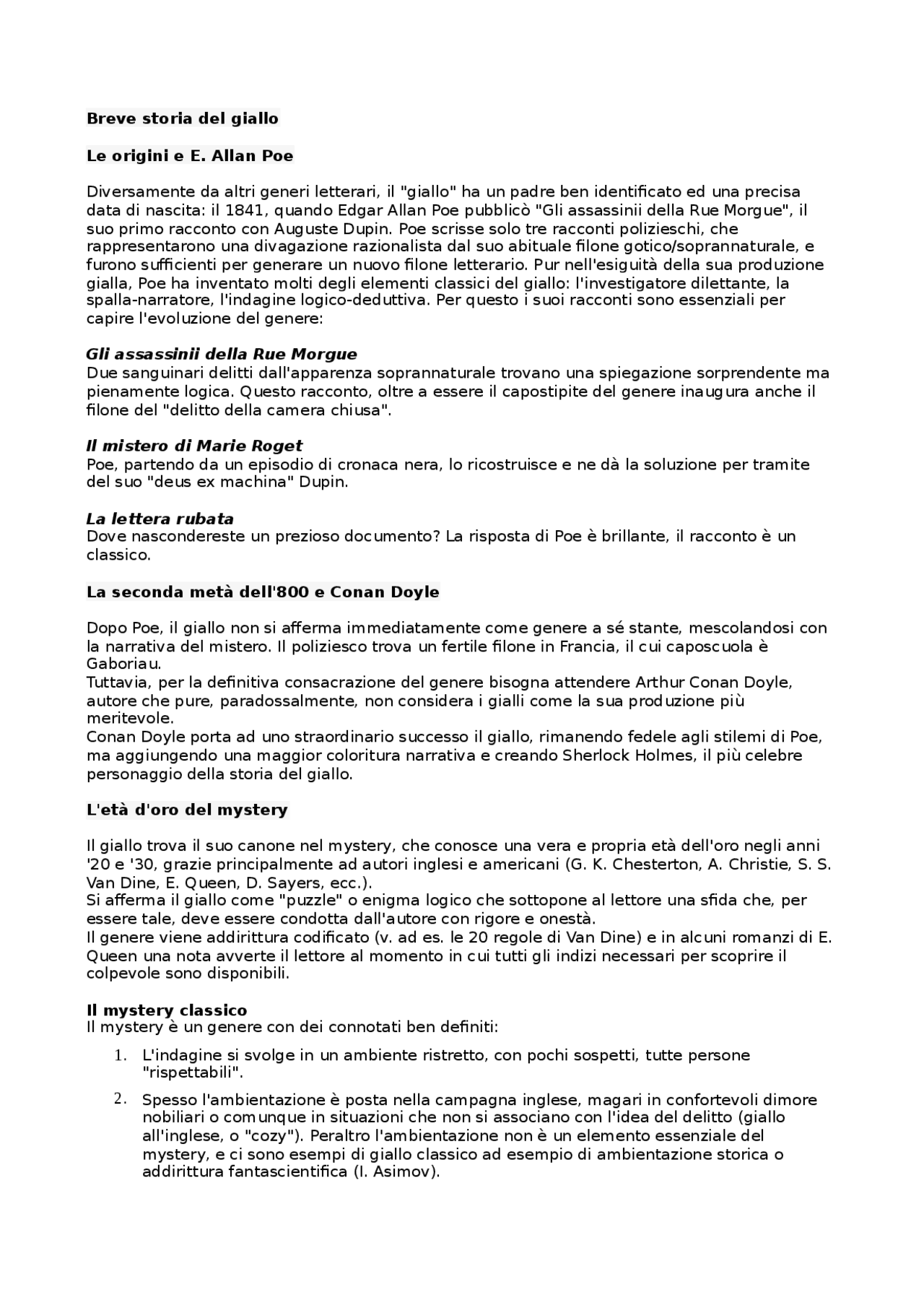 Breve storia del genere giallo - Docsity