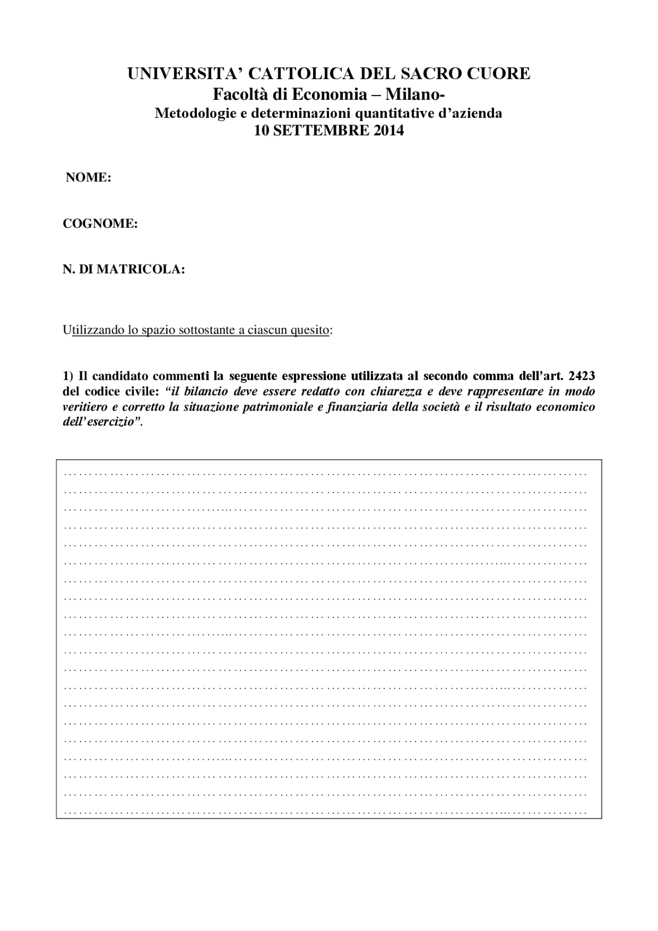 Esercizi e temi d'esame Metodologie 1 Grumo, Unicatt - Docsity