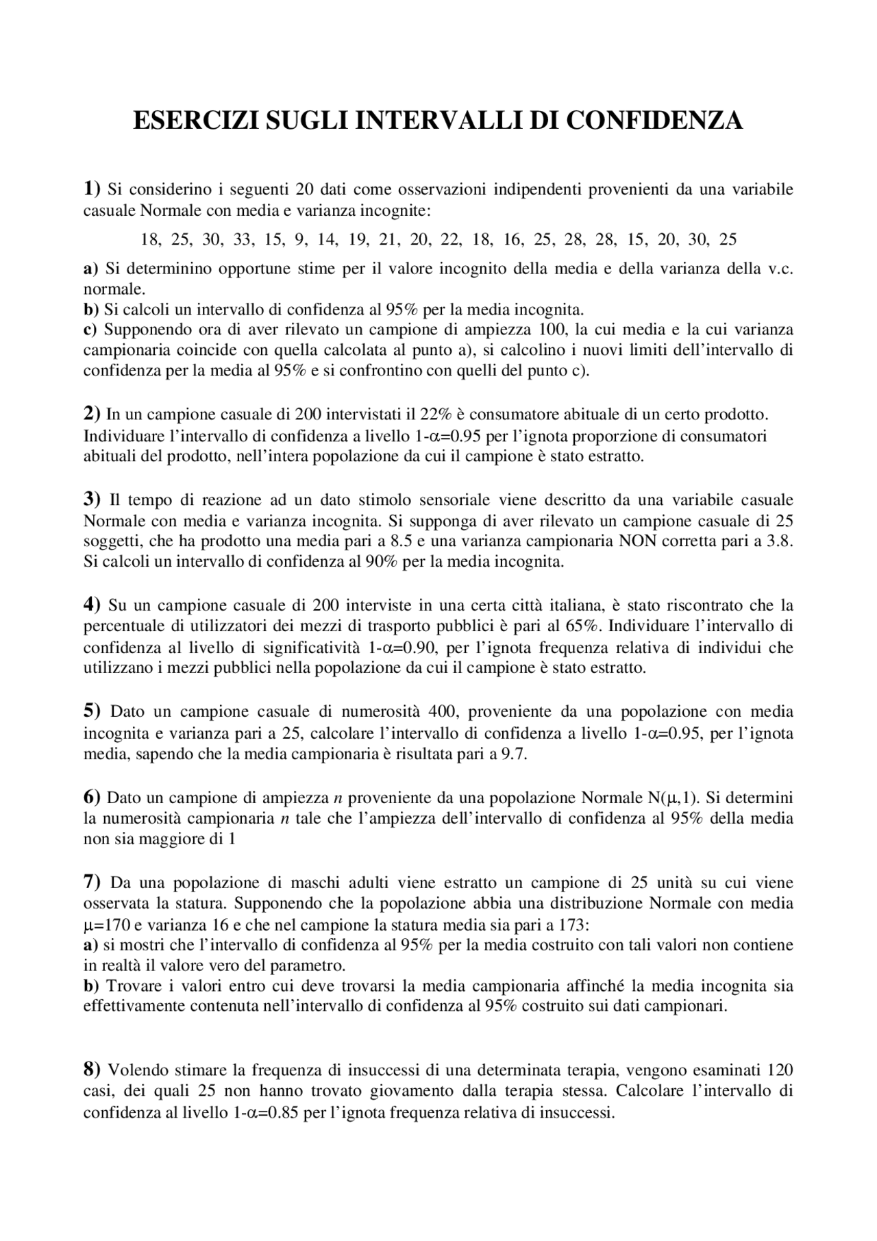Esercizi Statistica Applicata Deldossiintervalli Di Confidenza Docsity