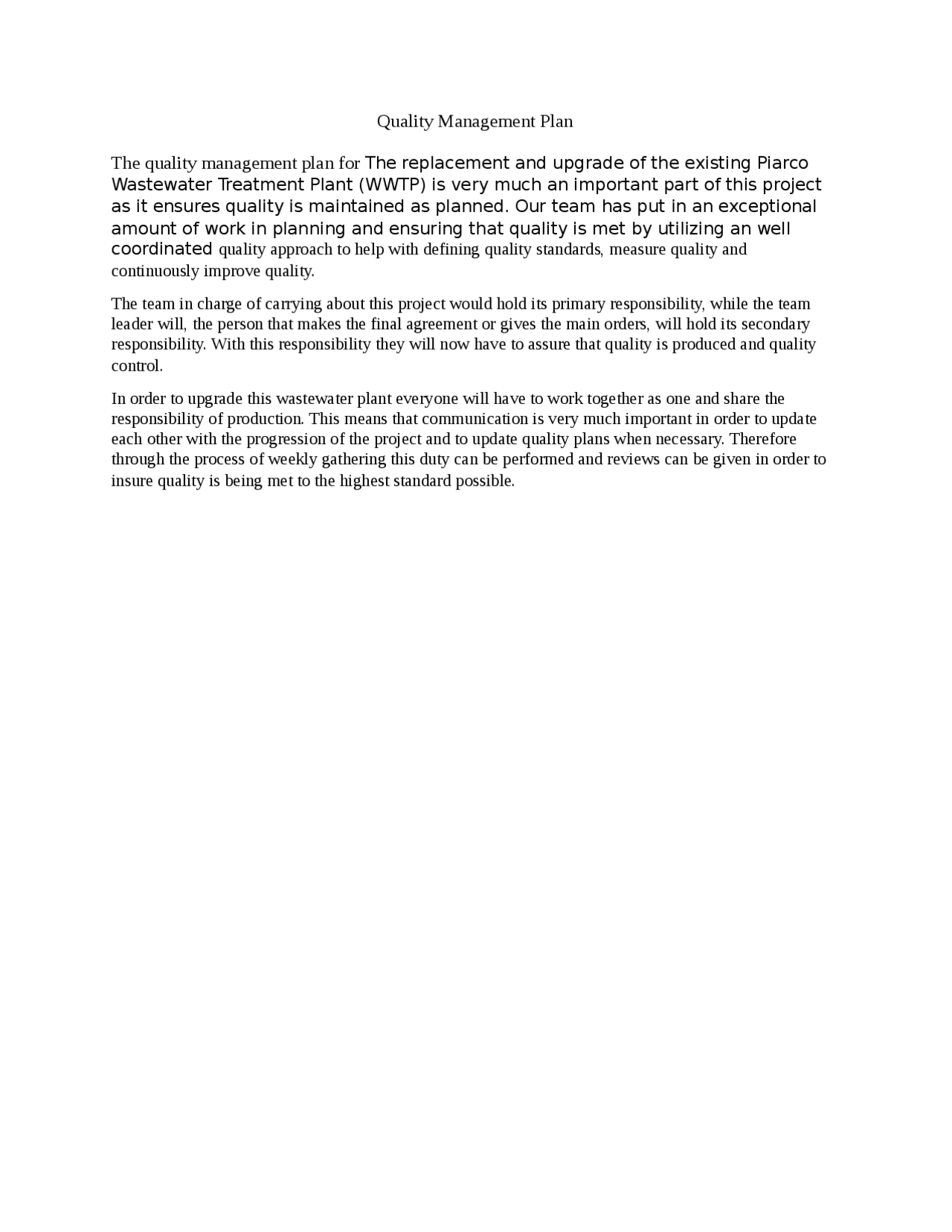 Quality Management Plan Docsity