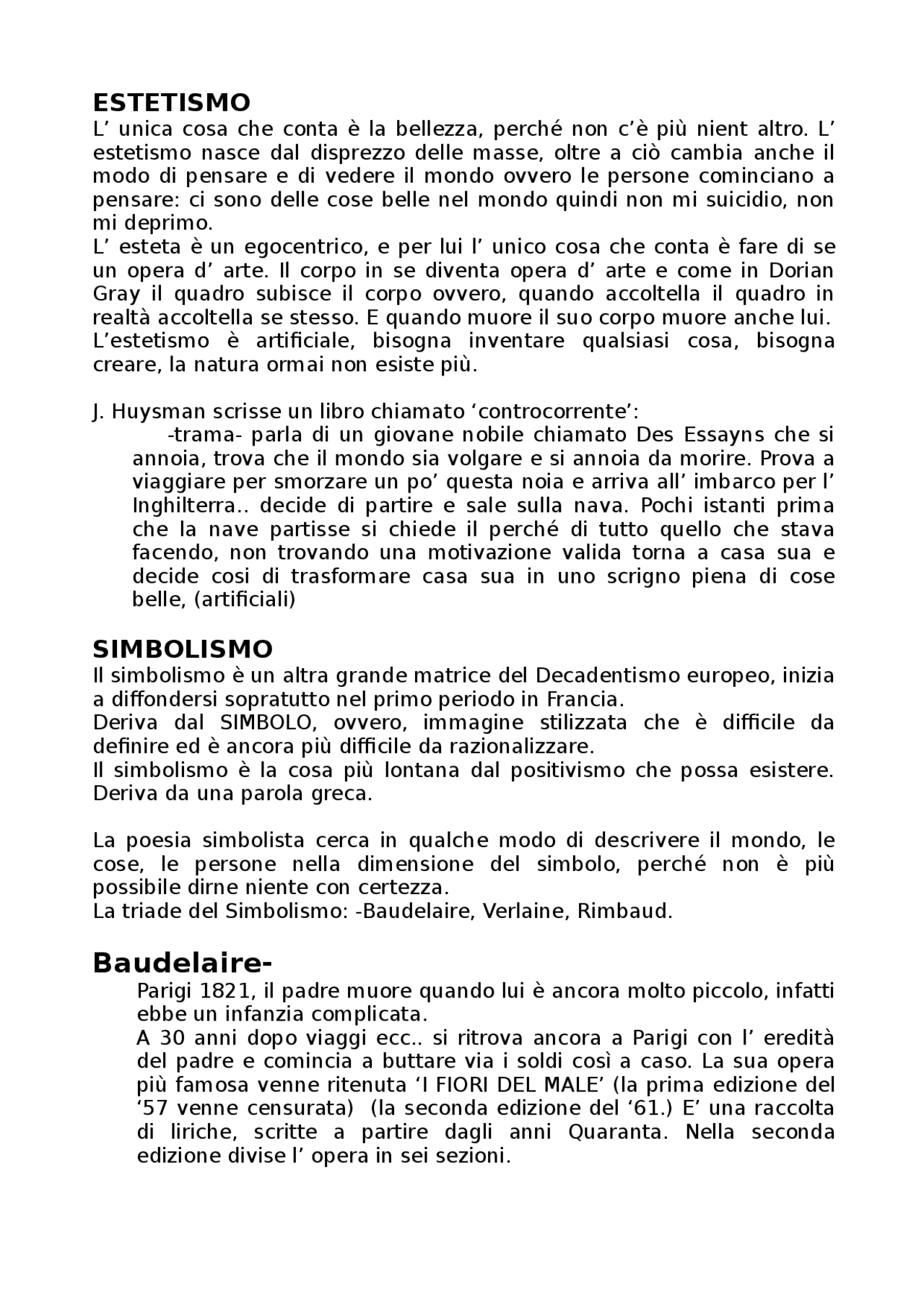 Estetismo in italiano - Docsity