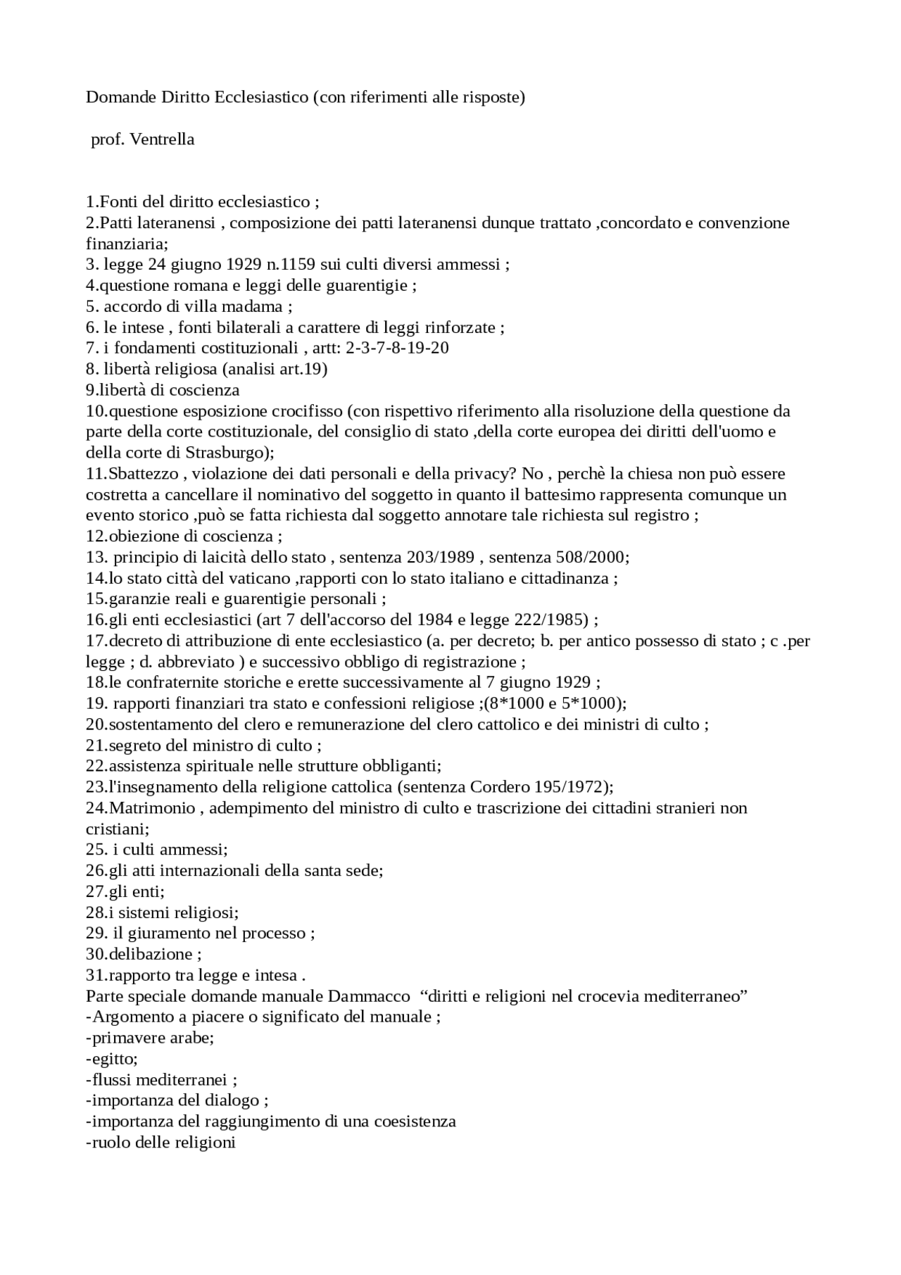 Domande Diritto Ecclesiastico Prof Ventrella Docsity