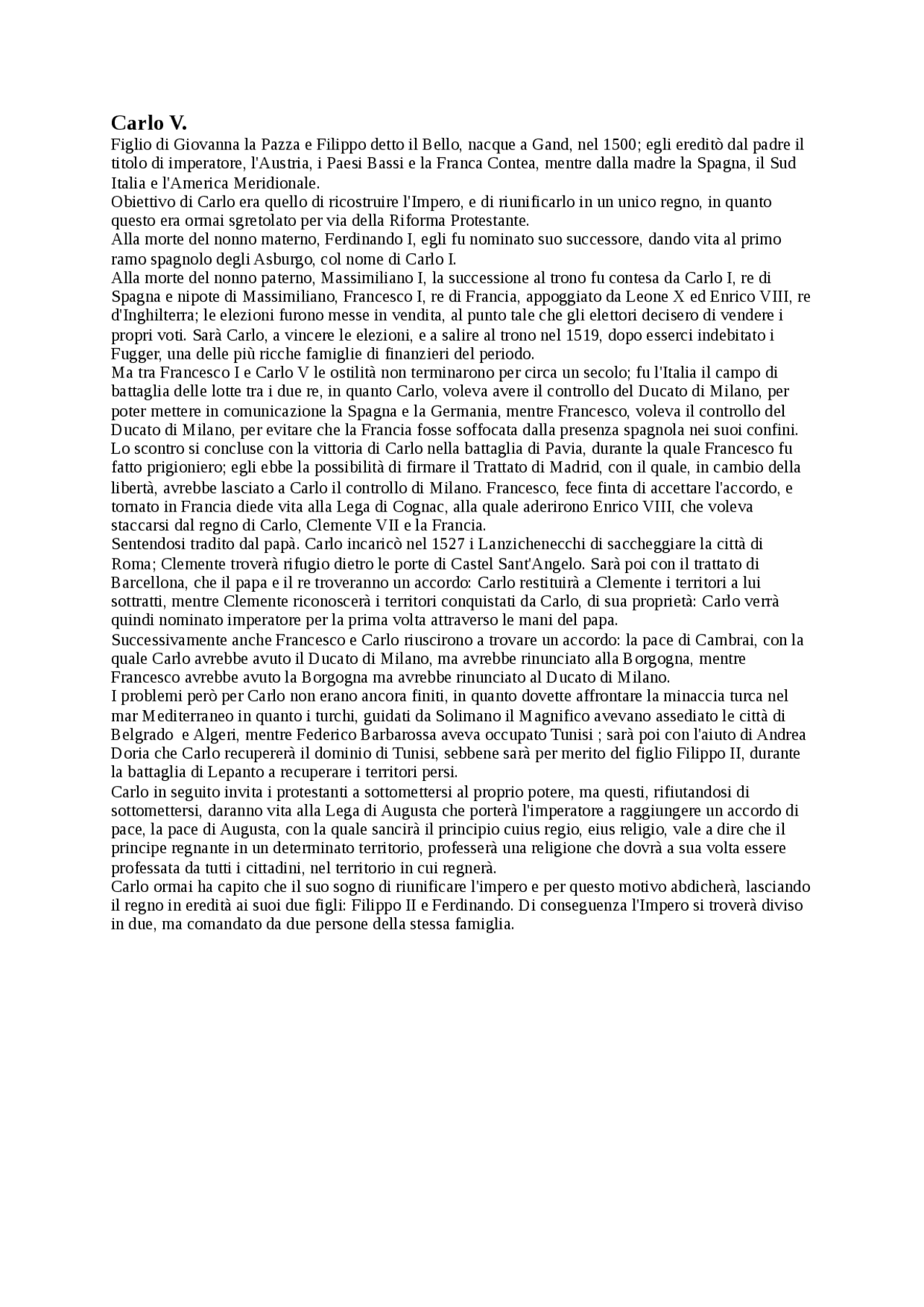 Riassunto Benigno Carlo V Docsity