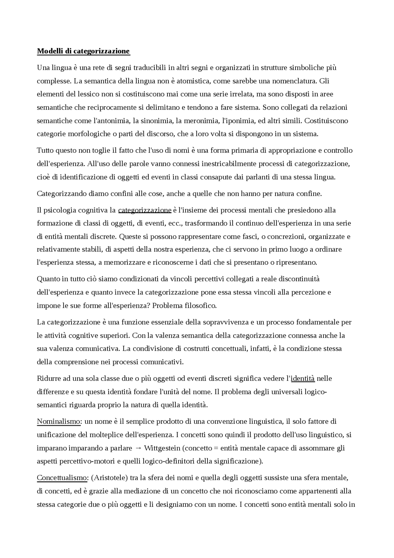 Modelli Di Categorizzazione Docsity