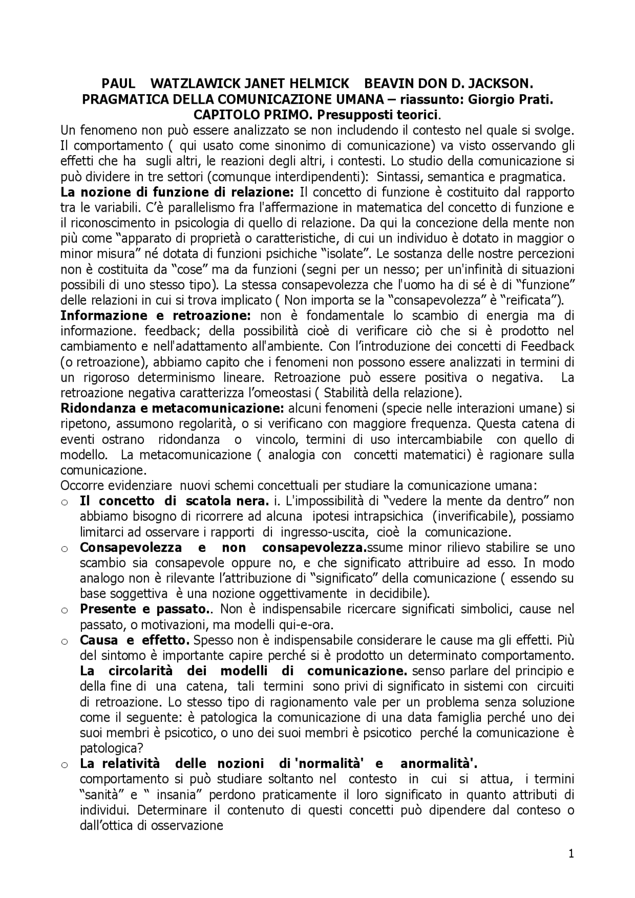 Watzlawick Pragmatica Della Comunicazione Umana Pdf Docsity