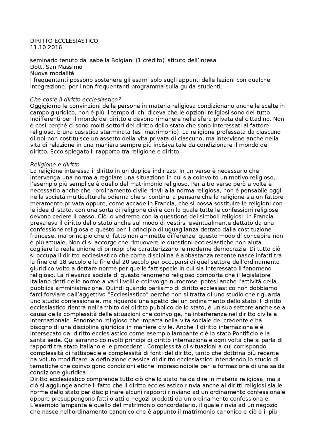 Appunti Completi Di Tutte Le Lezioni Di Diritto Ecclesiastico Appunti