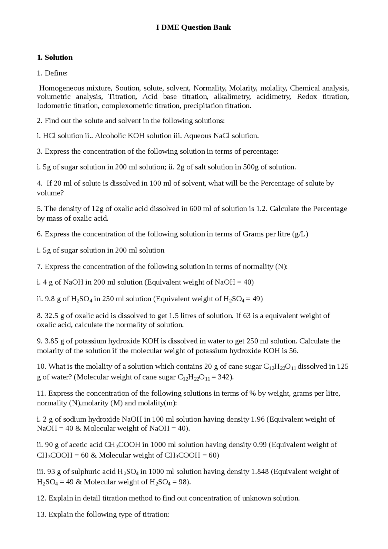 Question Bank For Basic And Applied Chemistry Docsity