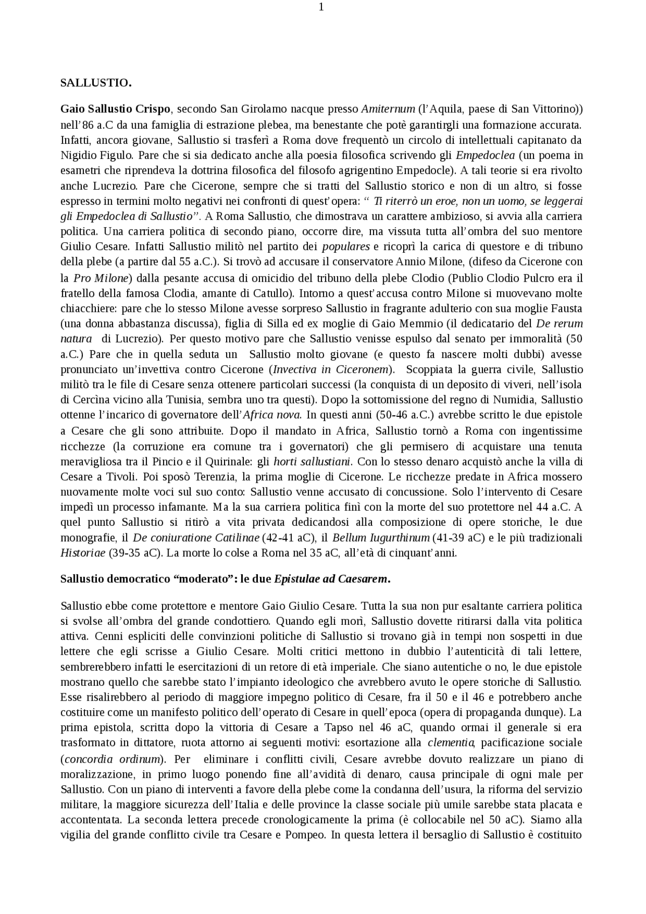 Sallustio Vita Morte E Opere Docsity
