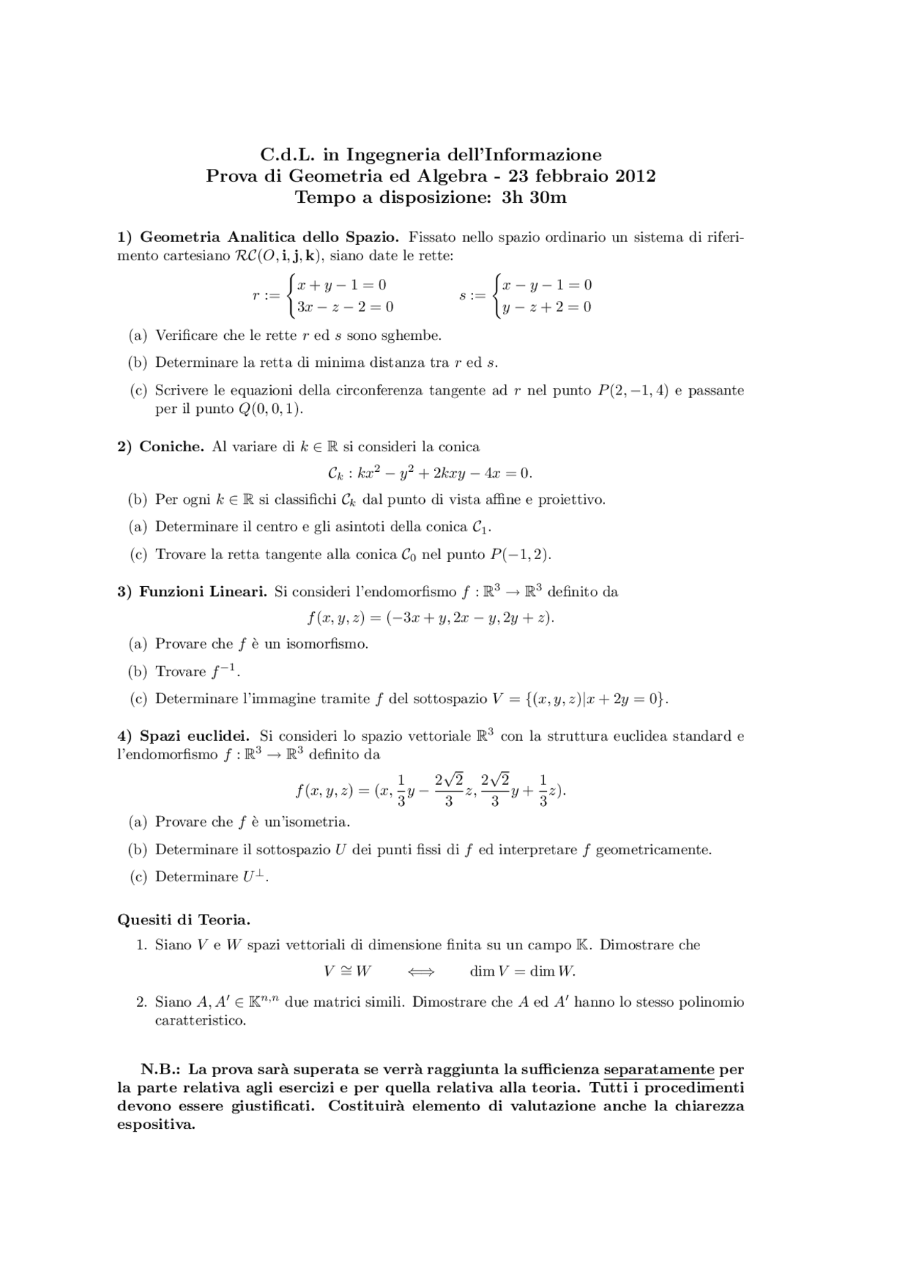 Esame Geometria E Algebra Ingegneria Civile Unisalento Docsity