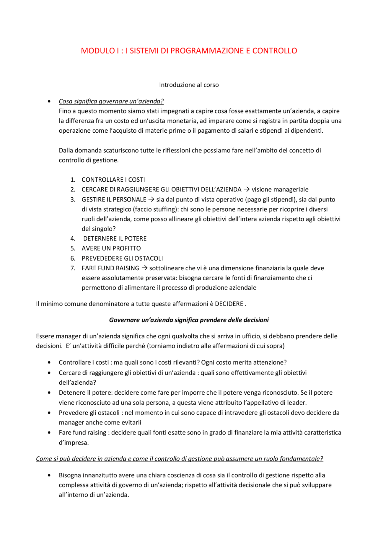 Appunti corso di programmazione e controllo | Dispense di Programmazione e controllo | Docsity