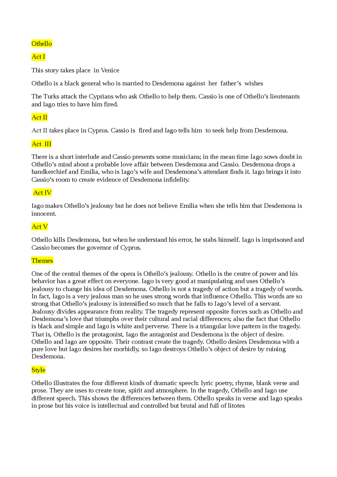 Othello By Shakespeare Docsity