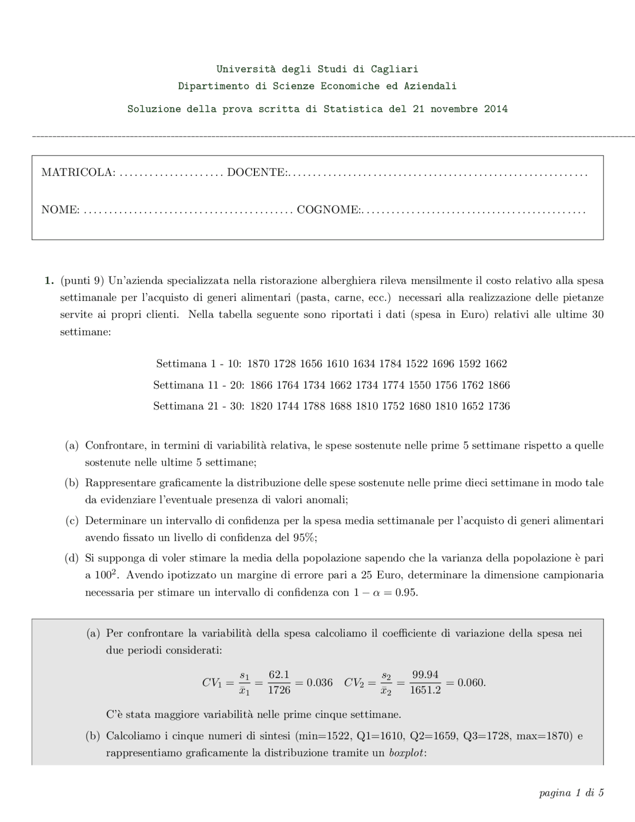 Esame Statistica Cannas Prove Desame Di Statistica Docsity
