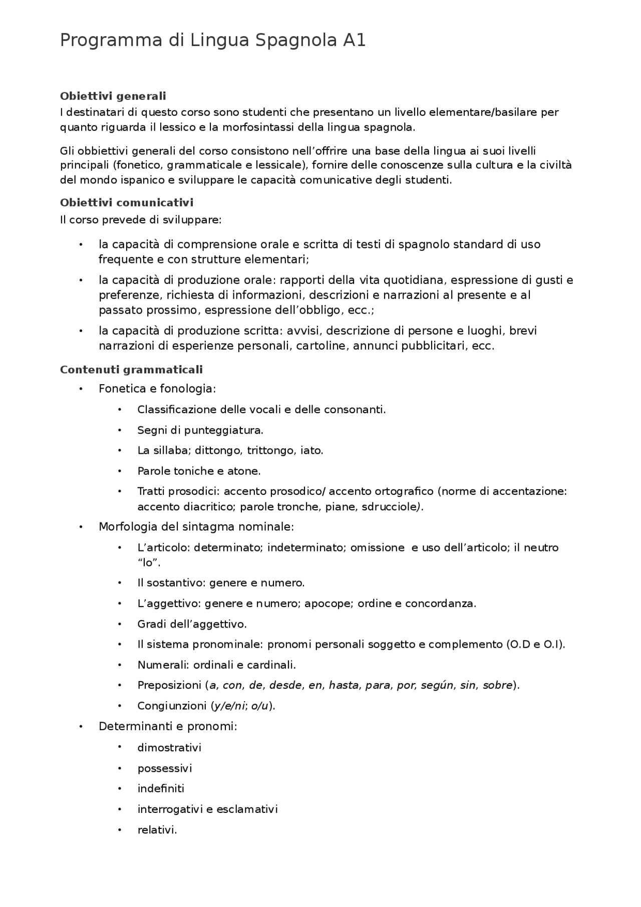 Programma Lingua Spagnola A1 E A2 Appunti Di Lingua Spagnola Docsity