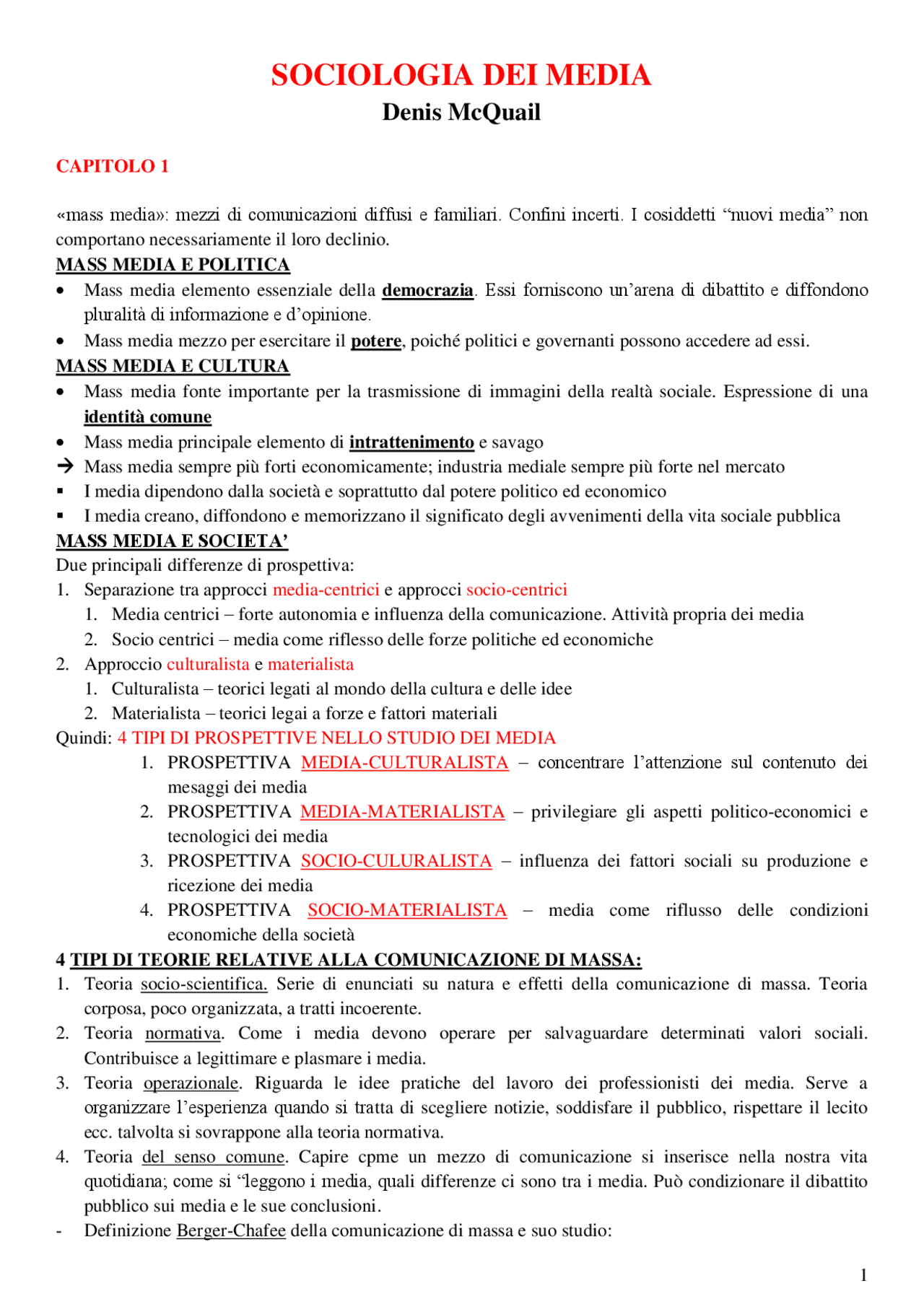 McQuail, Sociologia dei media riassunto. Università di Torino - Docsity
