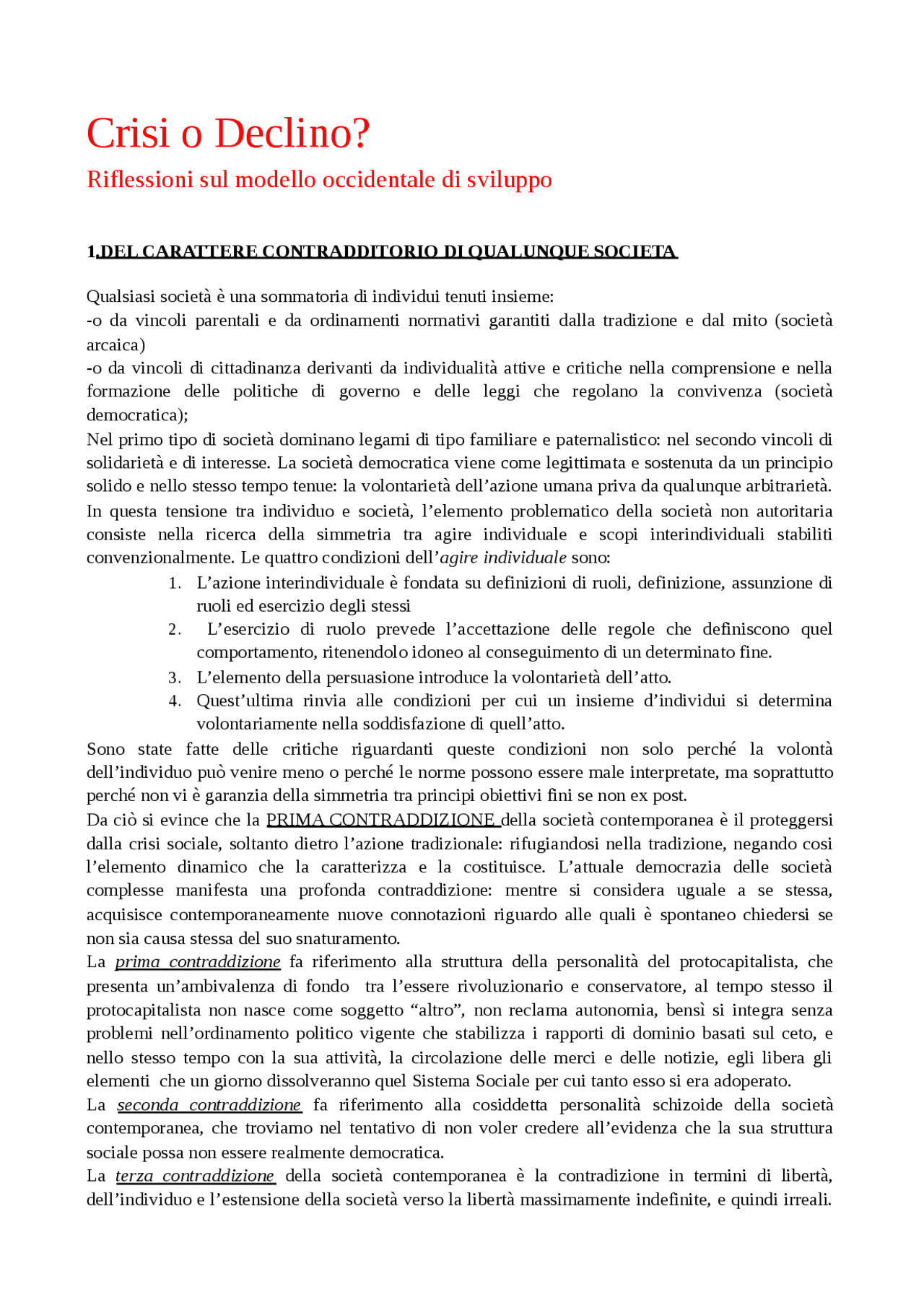 Crisi o Declino, riflessioni sul modello occidentale di sviluppo - Docsity