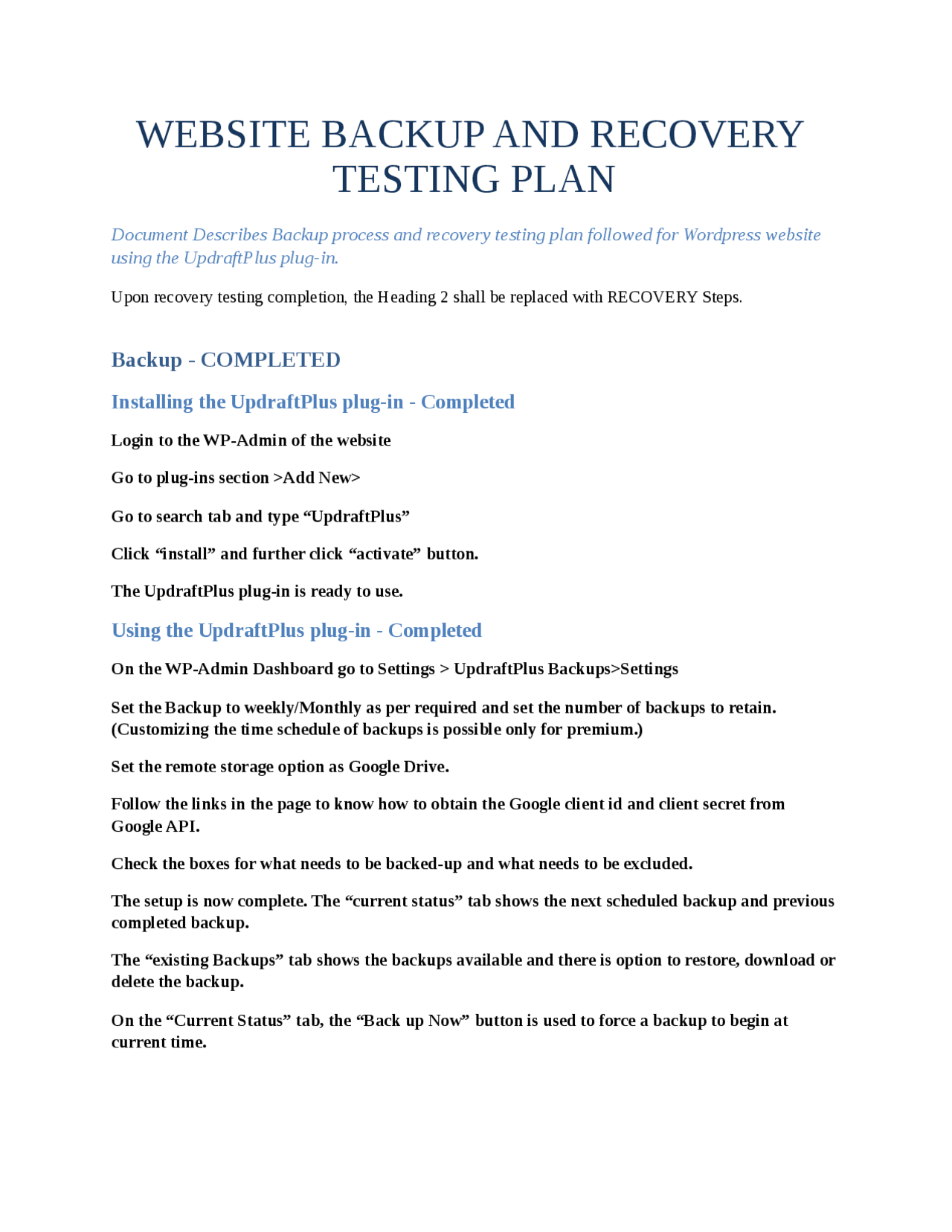 Backup and Recovery Testing Plan for Wordpress Website using ...