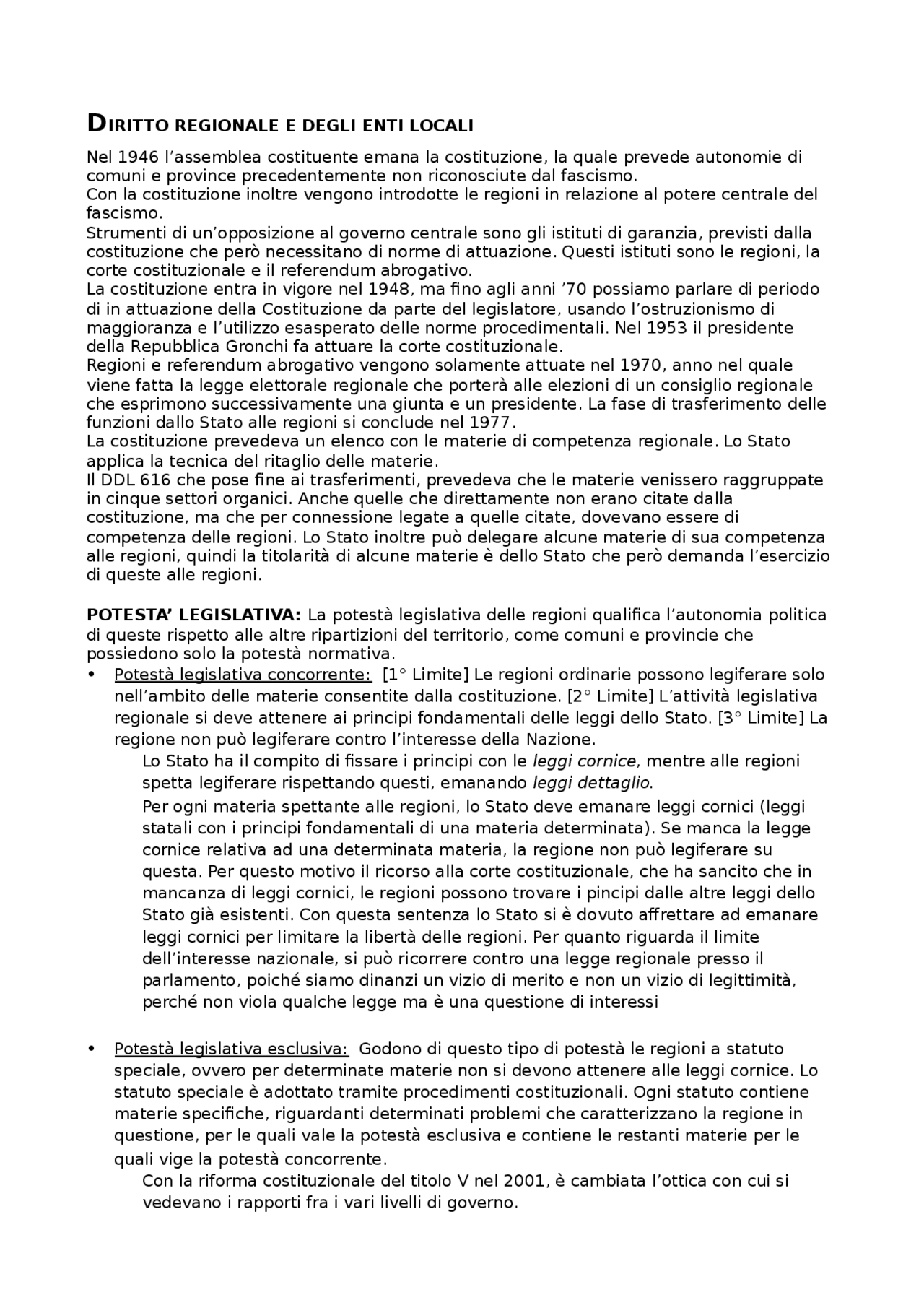Diritto Regionale E Degli Enti Locali Docsity