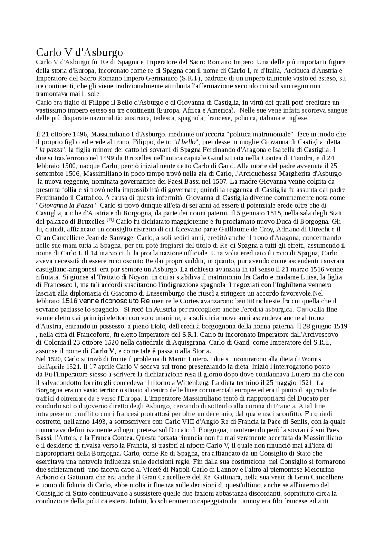 Carlo V E La Sua Storia Docsity