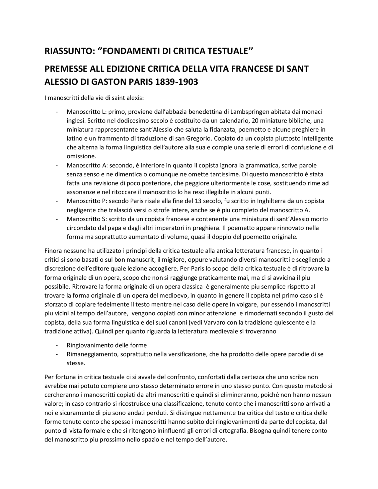 Fondamenti Di Critica Testuale Appunti Di Filologia Romanza Docsity