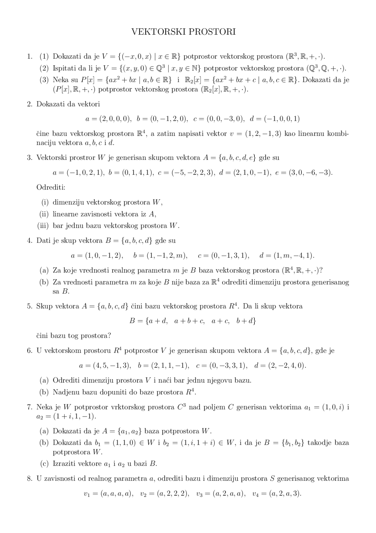 Zadaci za vezbanje linearne algebre bez resenja | Vežbe' predlog Matematika - Docsity