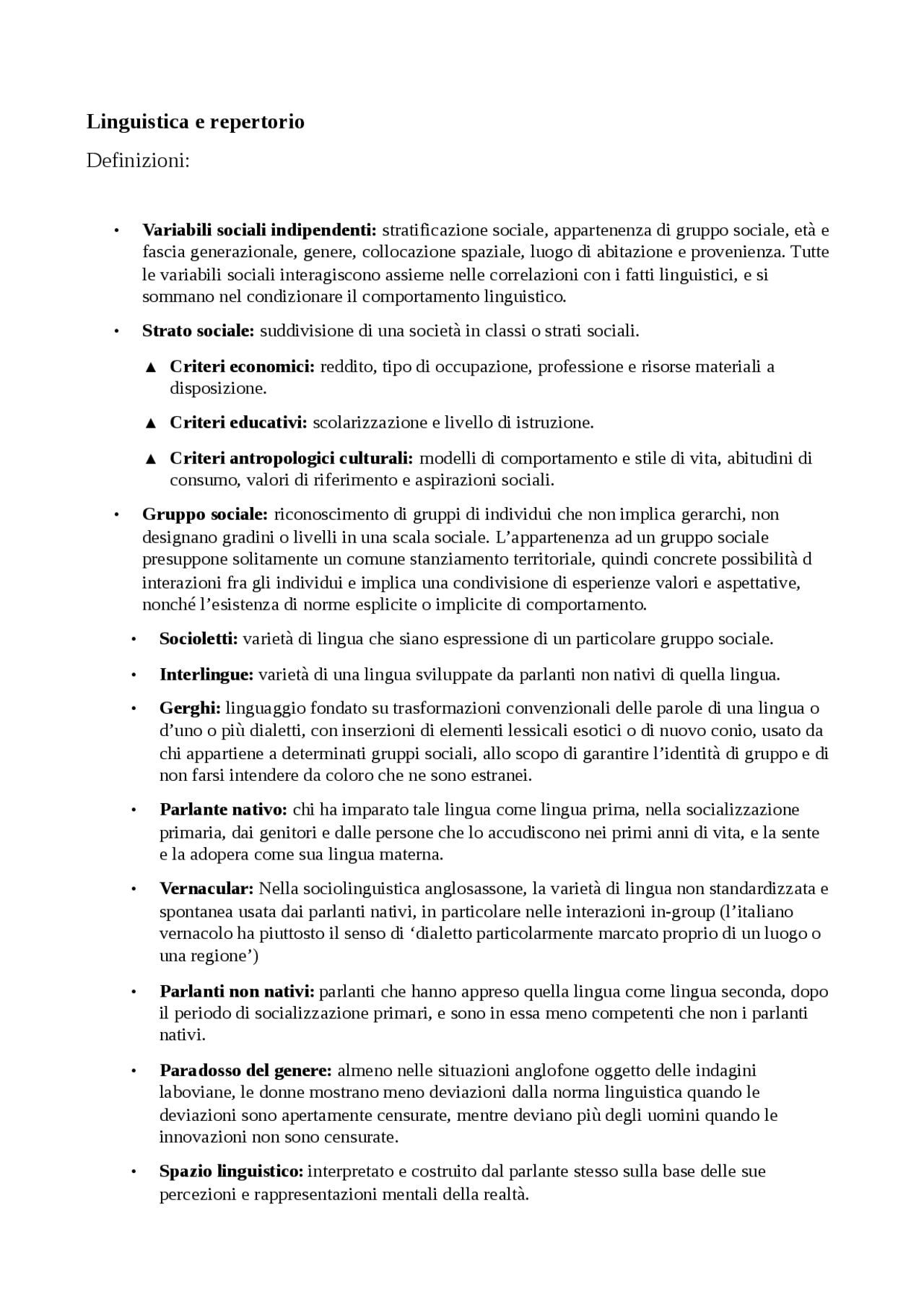 Linguistica E Repertorio Docsity