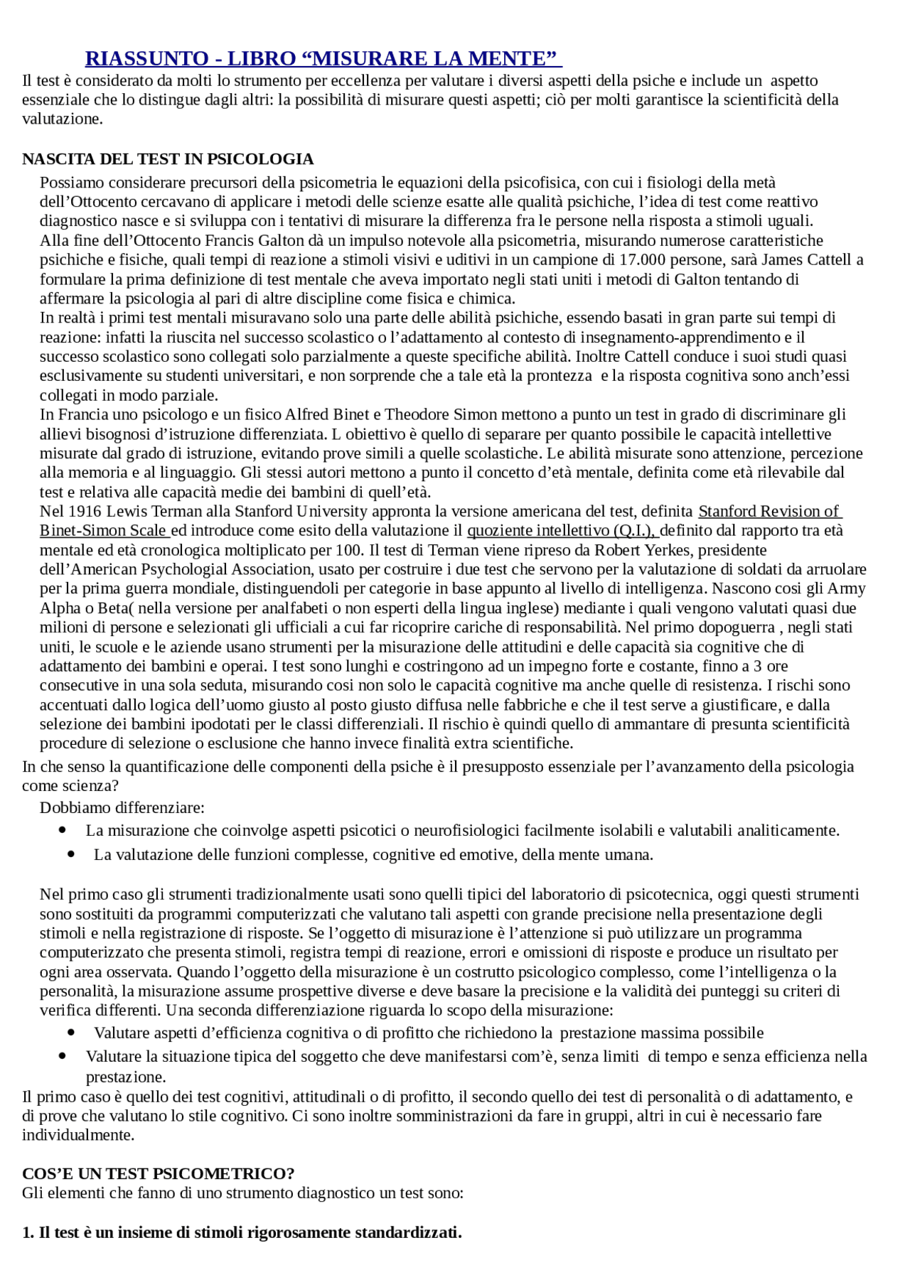 Riassunto Misurare La Mente Docsity