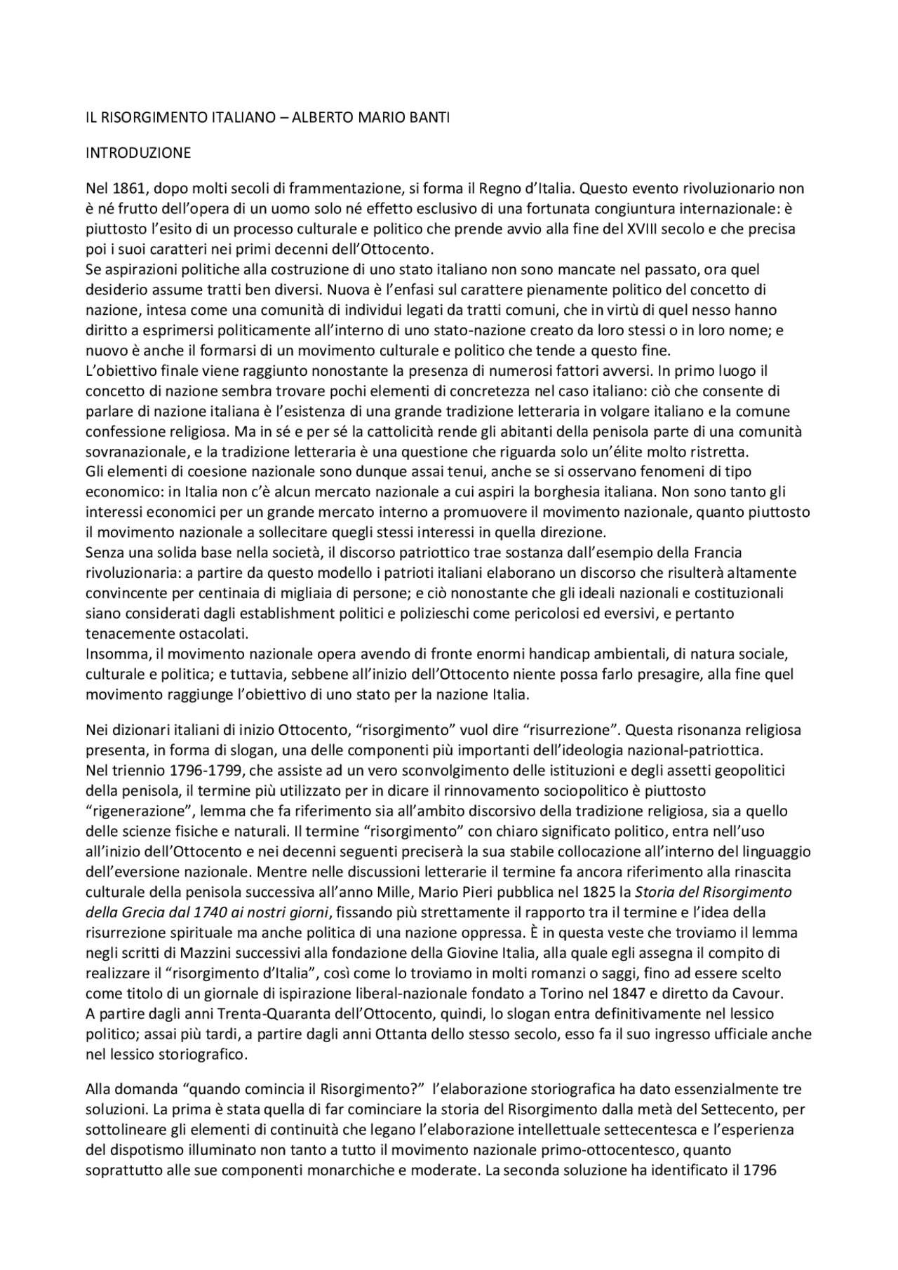 Alberto Mario Banti - IL RISORGIMENTO ITALIANO - Docsity