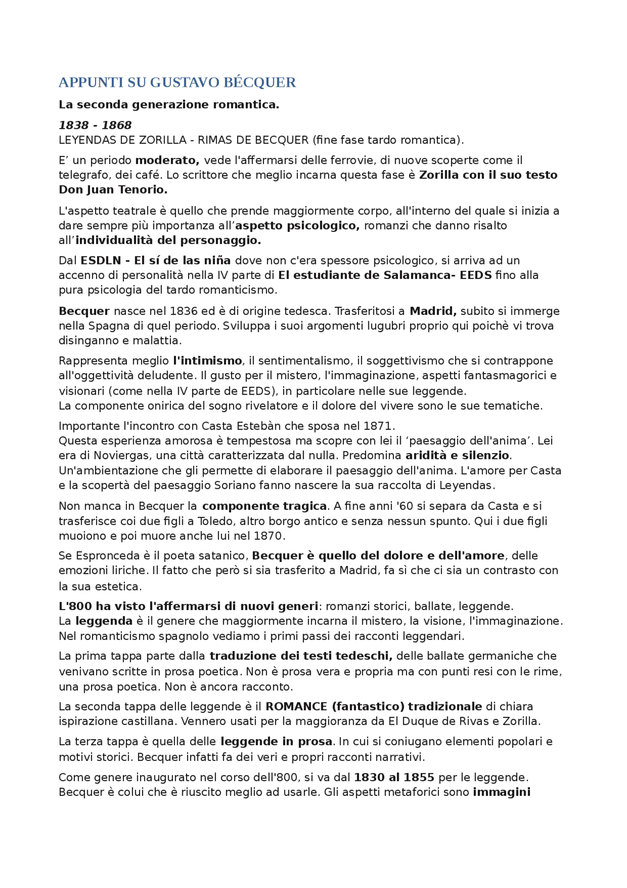 Appunti Su Bécquer Letteratura Spagnola Ii Unich Docsity