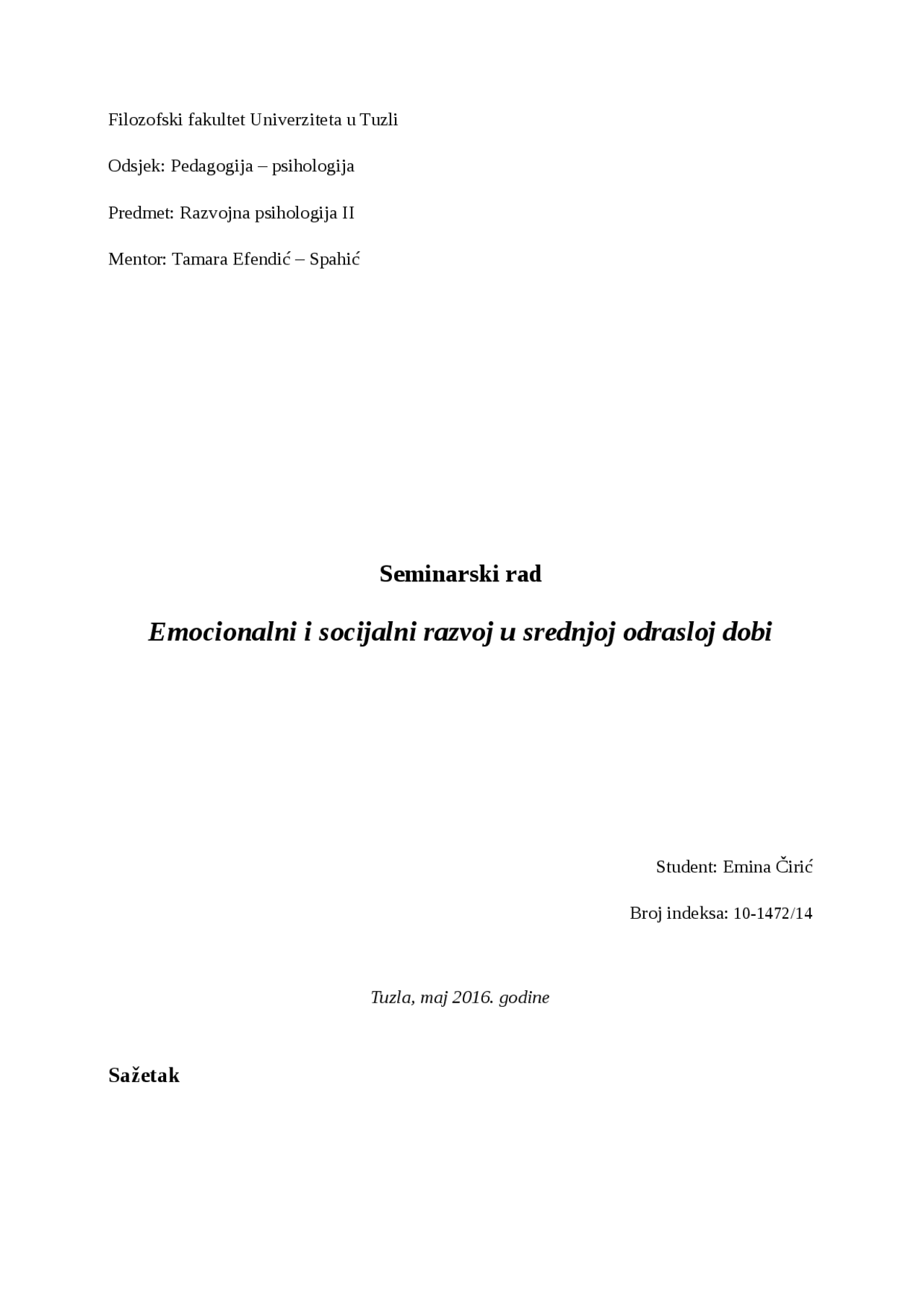 Emocionalni I Socijalni Razvoj Esej Predlog Opšta Psihologija Docsity
