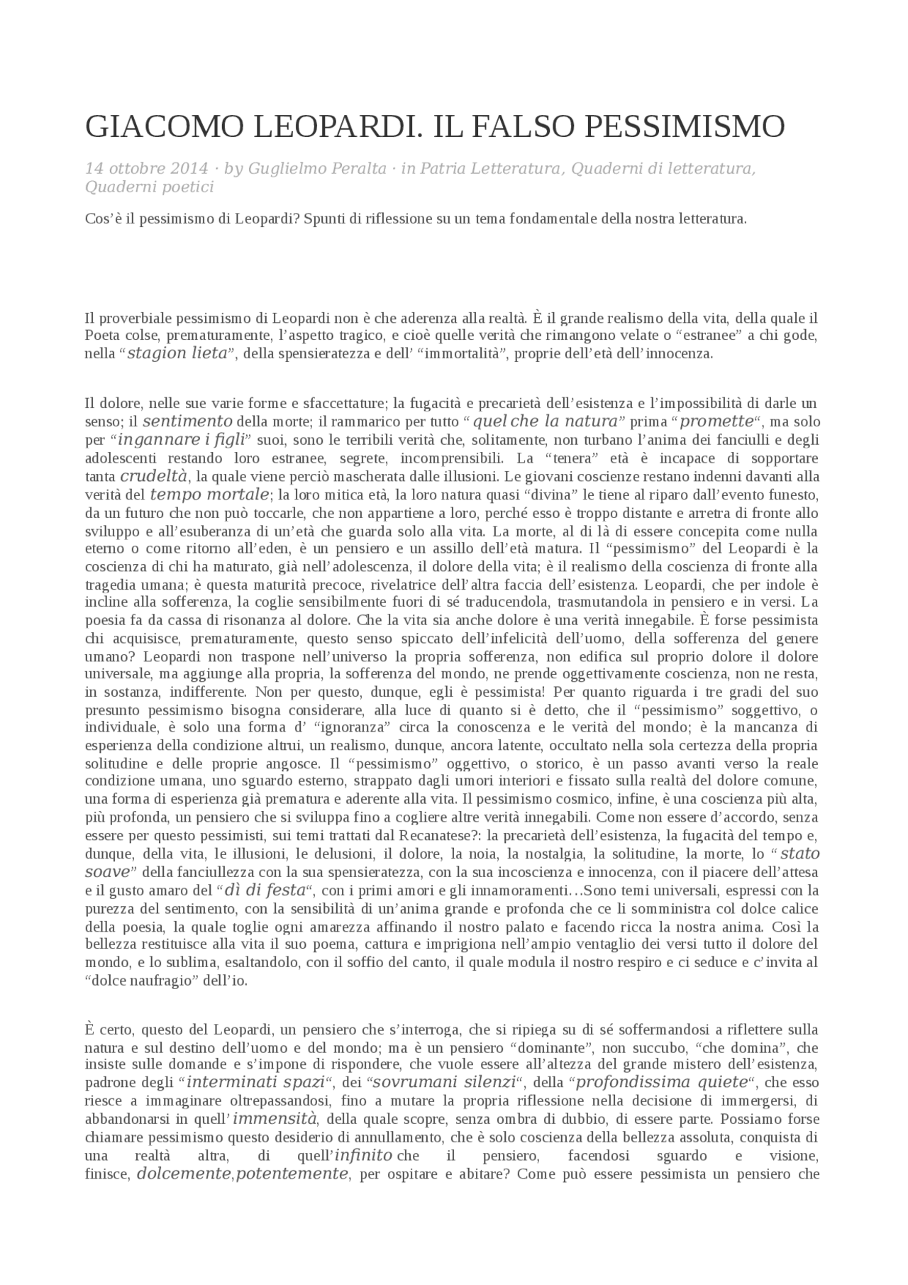 GIACOMO LEOPARDI IL FALSO PESSIMISMO - Docsity