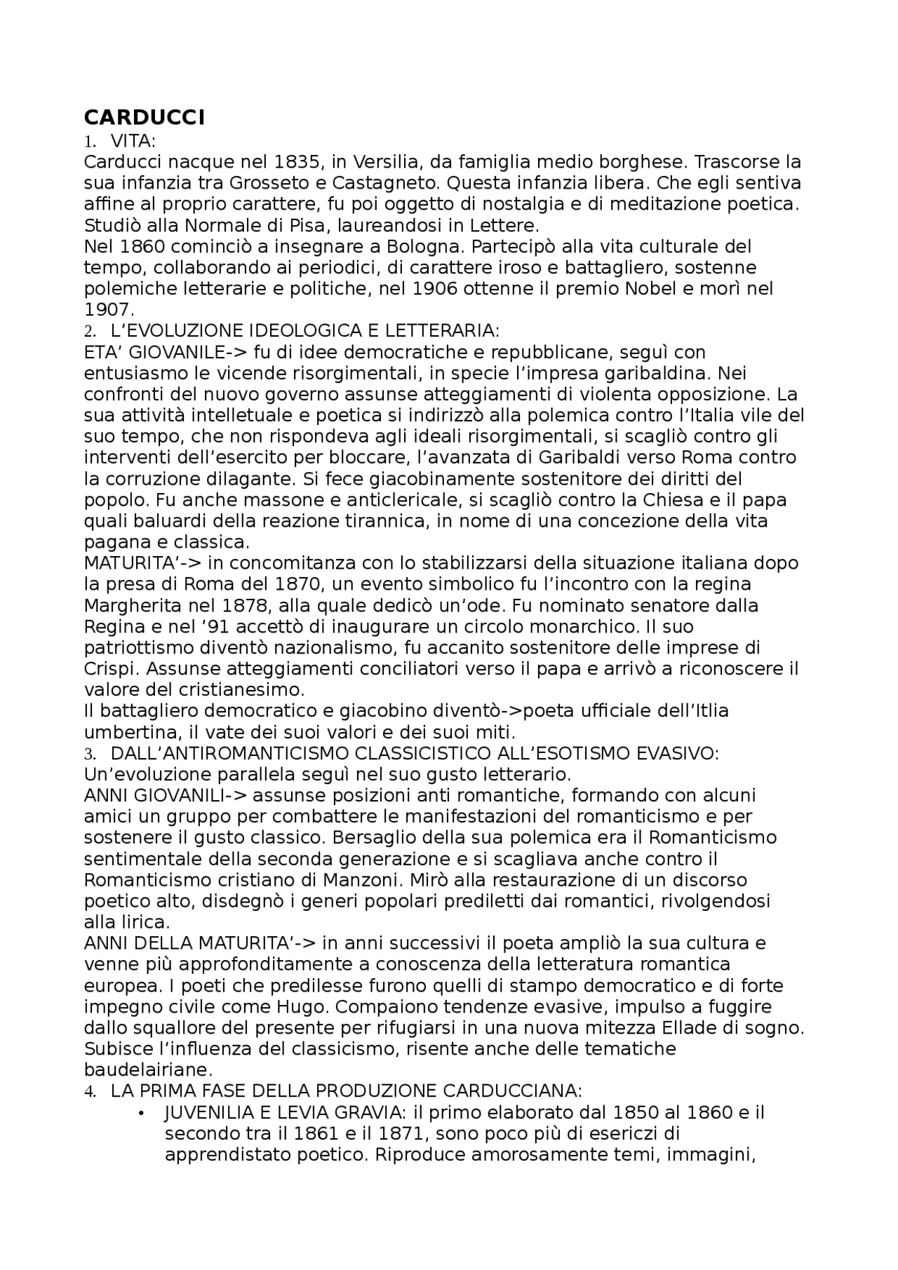 Giosuè Carducci Vita E Opere Docsity