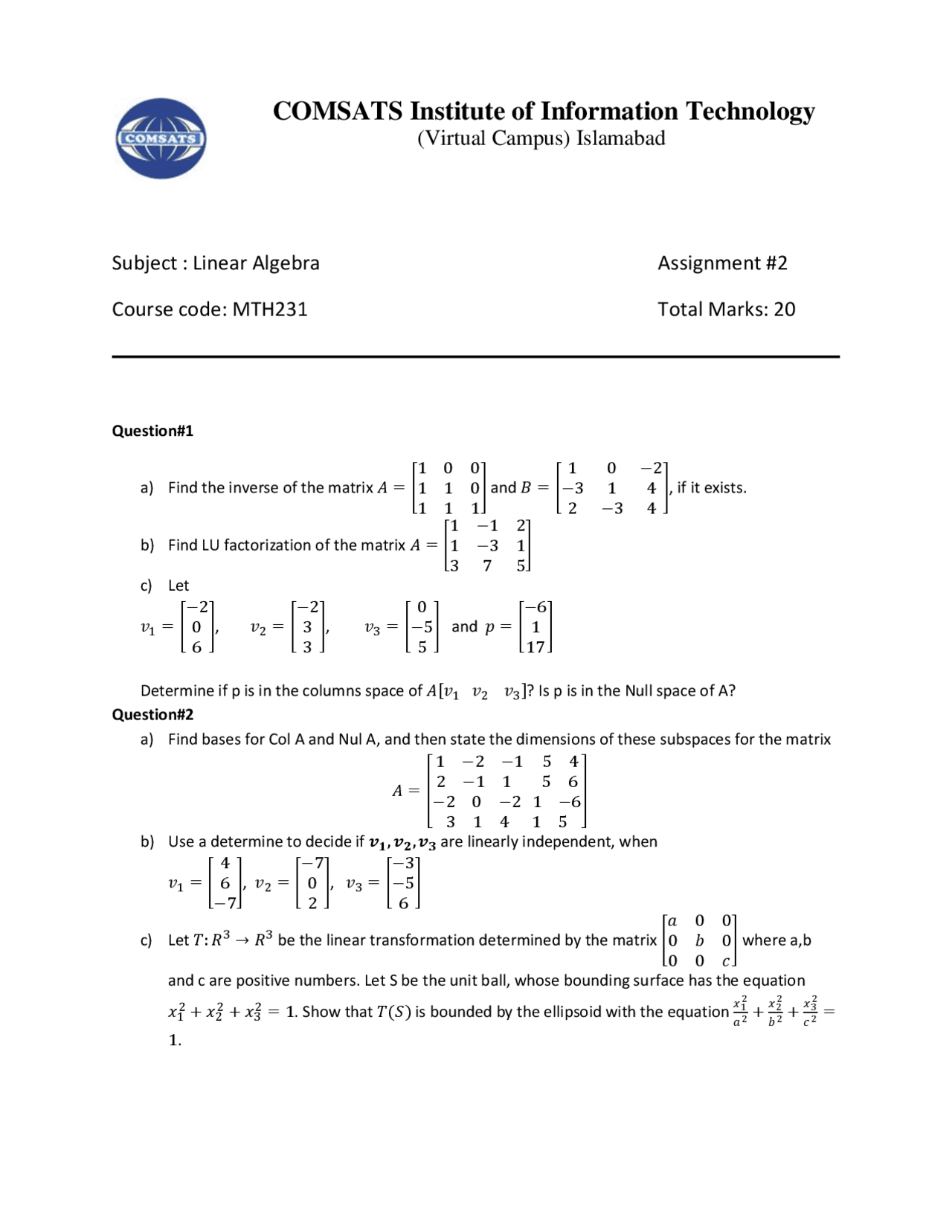 Linear Algebra Exercises Docsity