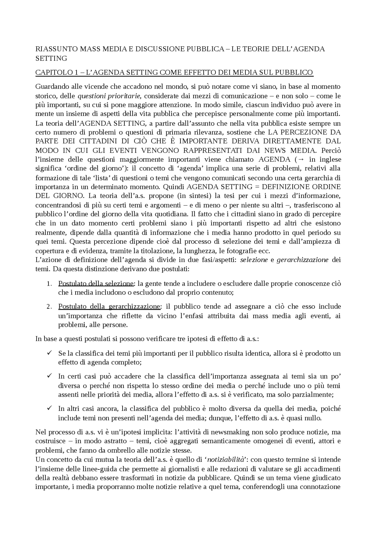 Mass Media E Discussione Pubblica Le Teorie Dellagenda Setting Docsity
