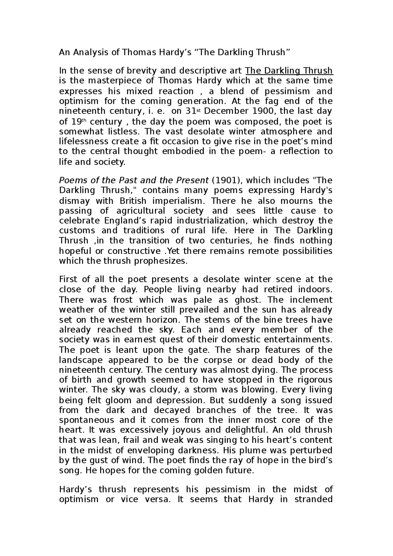 Thomas hardy the darkling thrush analisi - Docsity