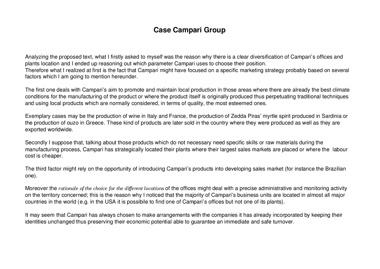 Case Campari Group Analysis - Docsity
