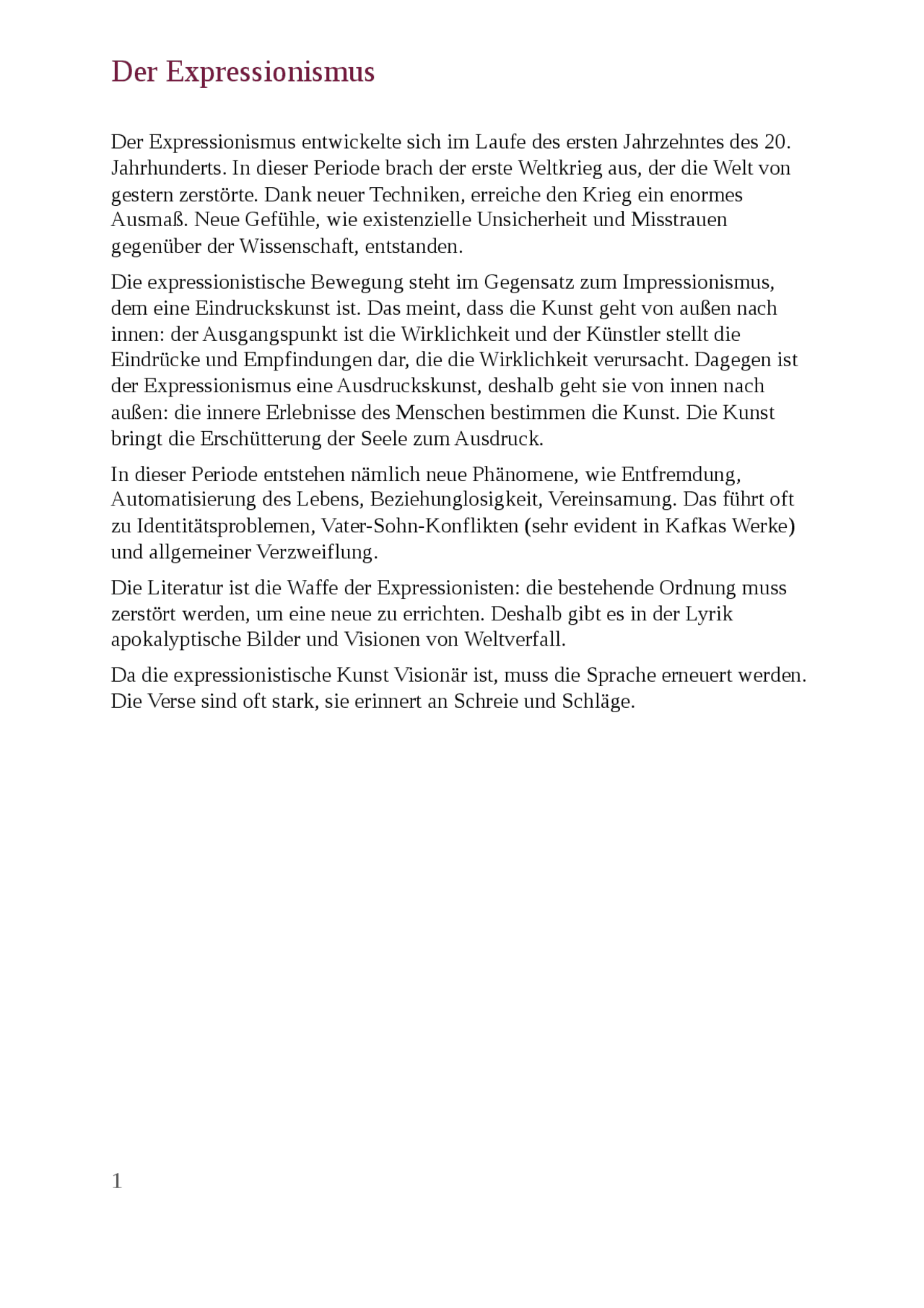 Riassunto Expressionismus in letteratura tedesca - Docsity