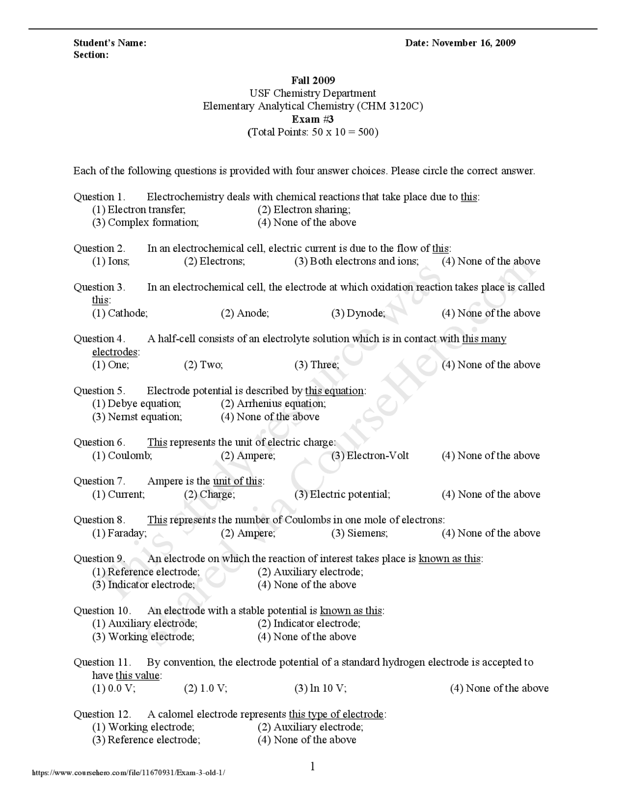 Exam 3 Answer Key Elementary Analytical Chemistry Chm 3120c Docsity