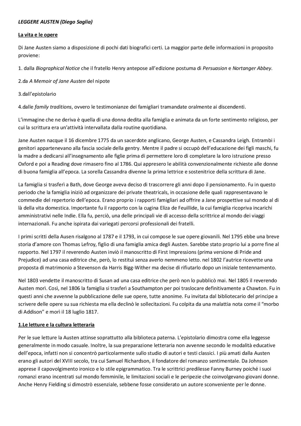 Leggere Austen di Diego Saglia (riassunto) | Sintesi del corso di ...