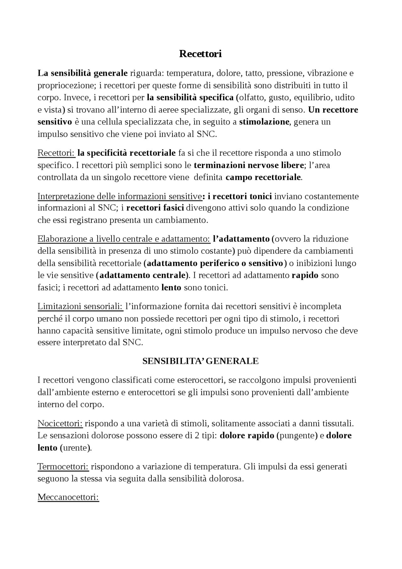 Recettori Sistema Nervoso Docsity
