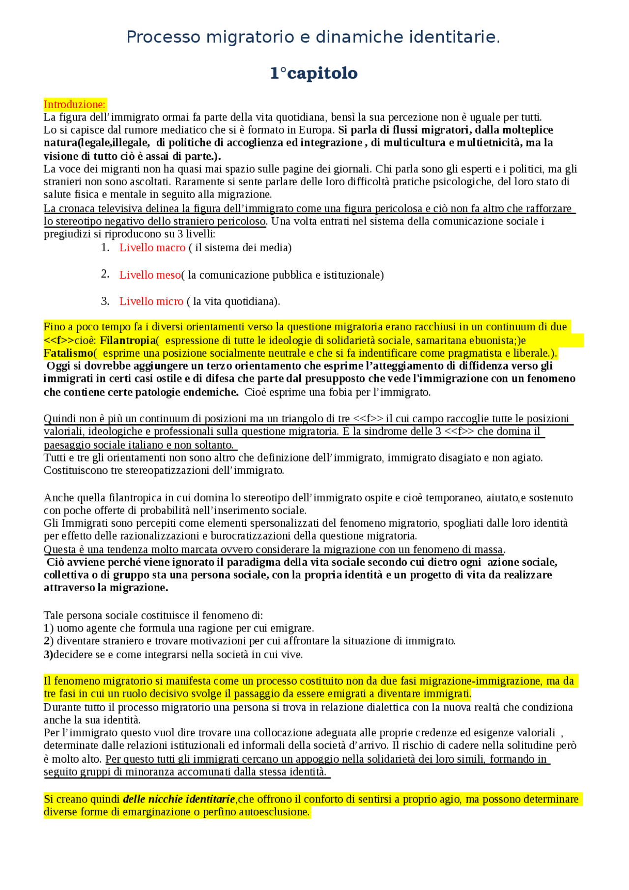 Processo Migratorio E Dinamiche Identitarie Docsity