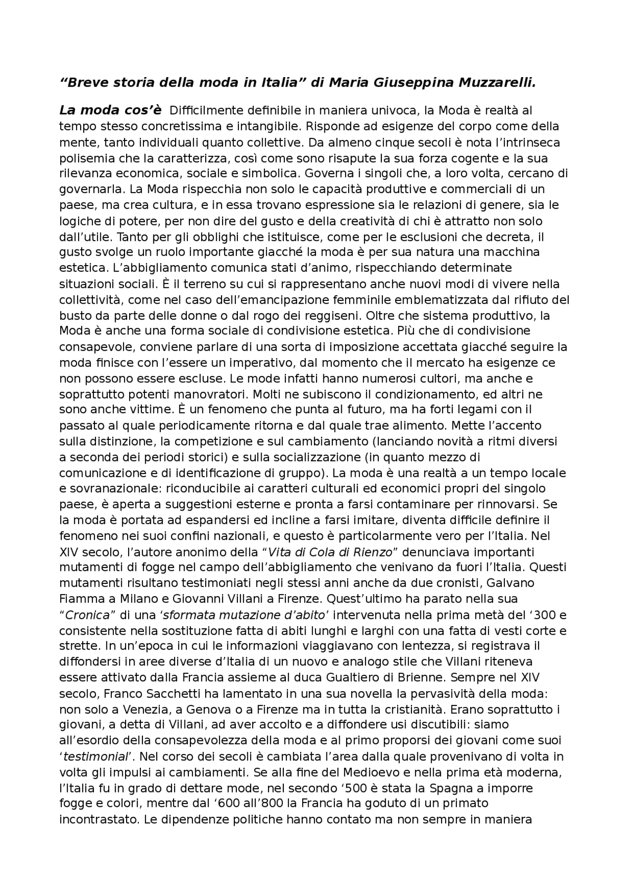 Breve storia della moda in Italia - Maria Giuseppina Muzzarelli - Docsity