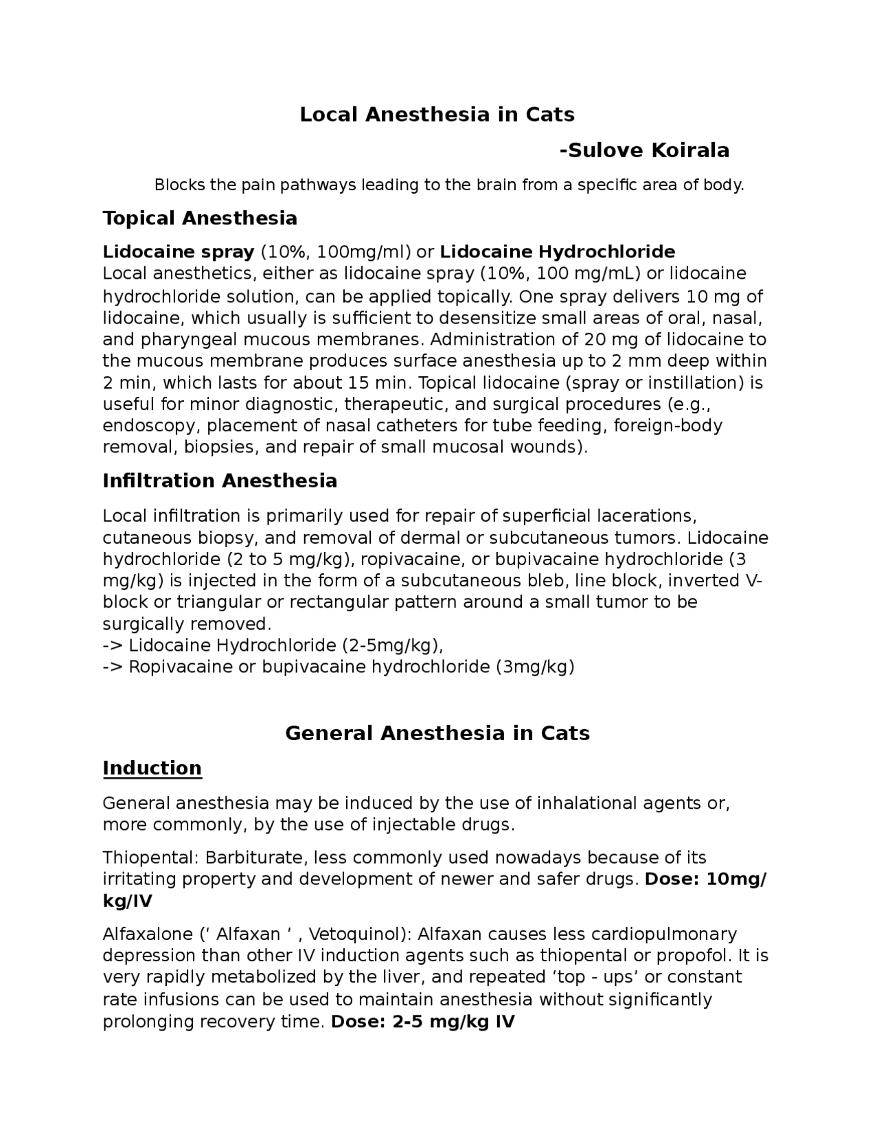 Local Anesthesia in Cats - Docsity