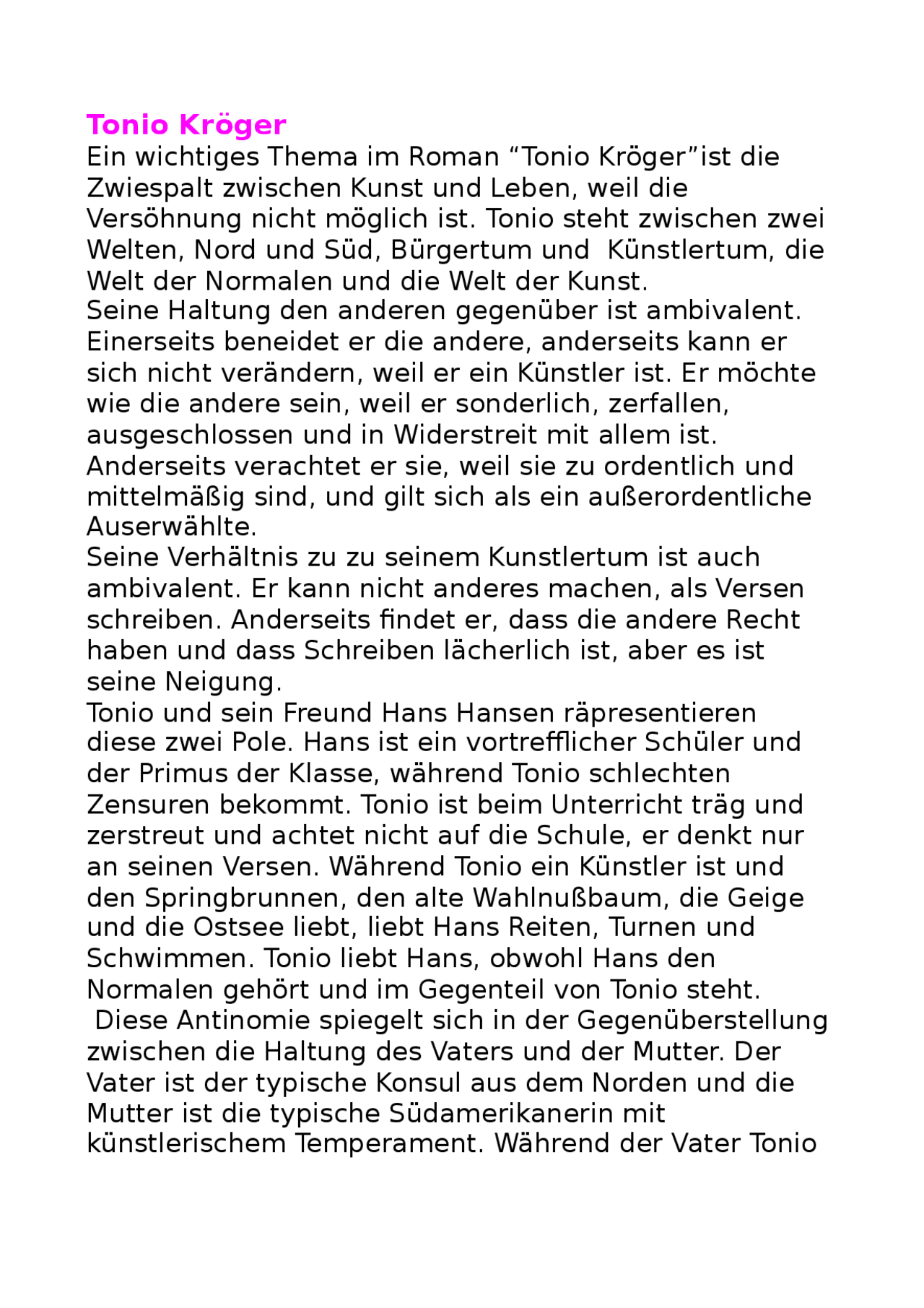 Tonio Kroger - Thomas Mann - Docsity